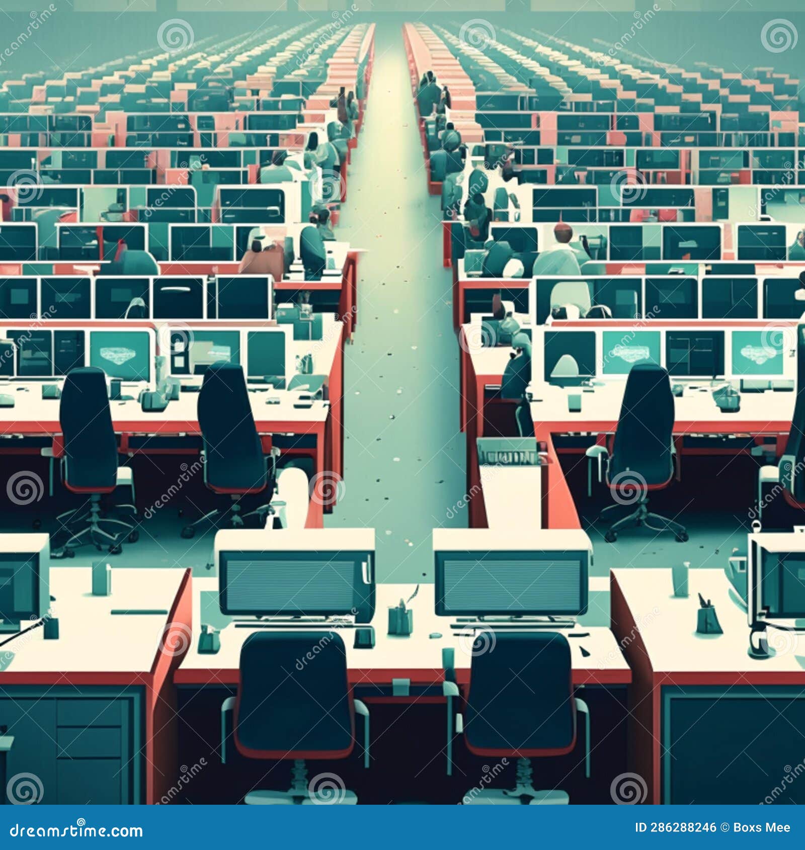 3d Render Of A Computer Room With Rows Of Desks And Computers