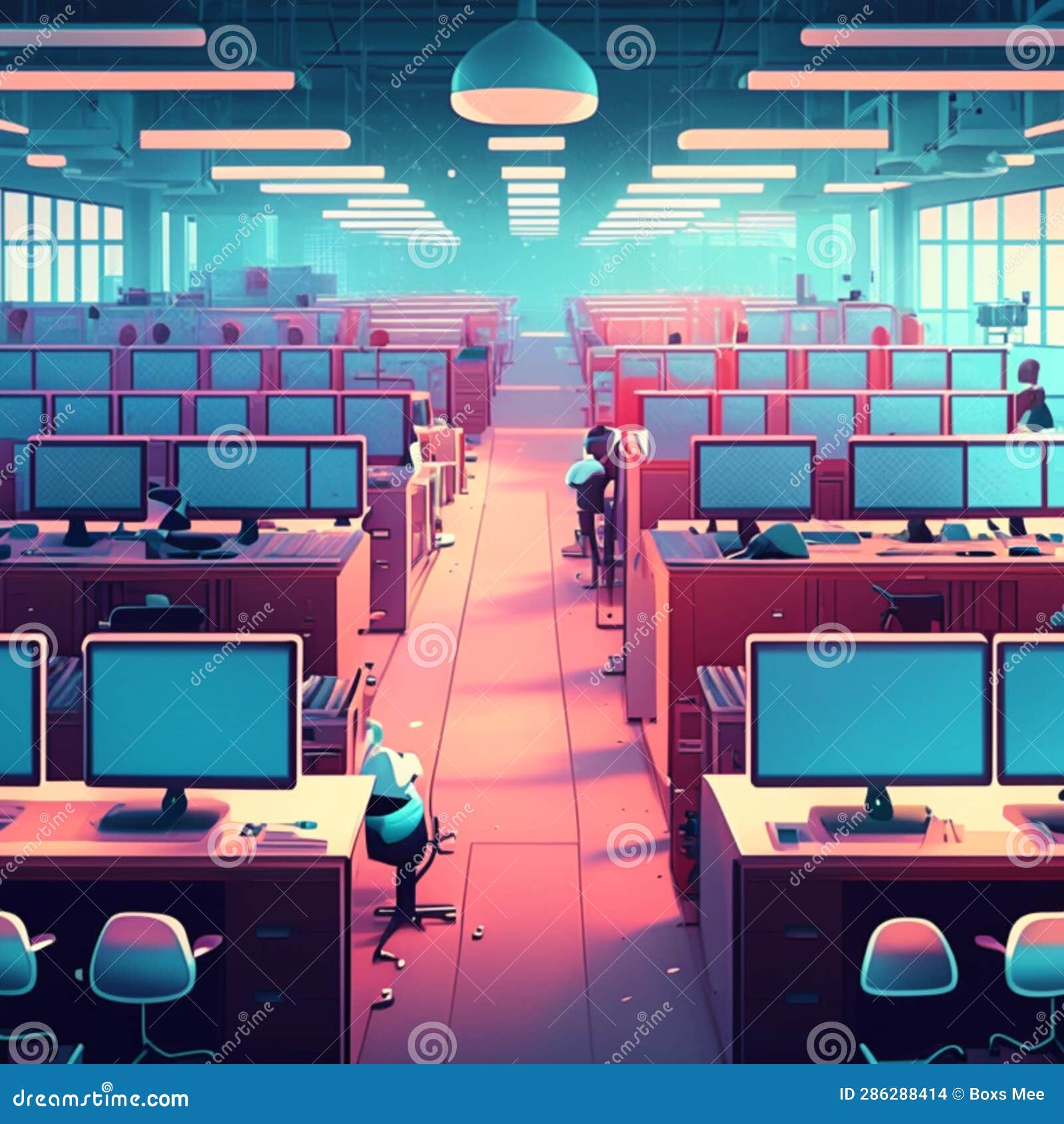 3d Render of Computer Room with Rows of Monitors and People Walking ...