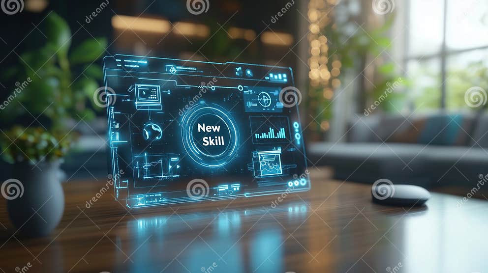 3D Render Computer Screen Displaying New Skill with Futuristic ...