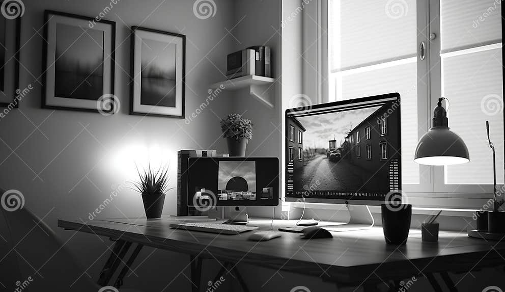 3d Render of Computer Work Space with Black Screen and Graphic Tablet ...