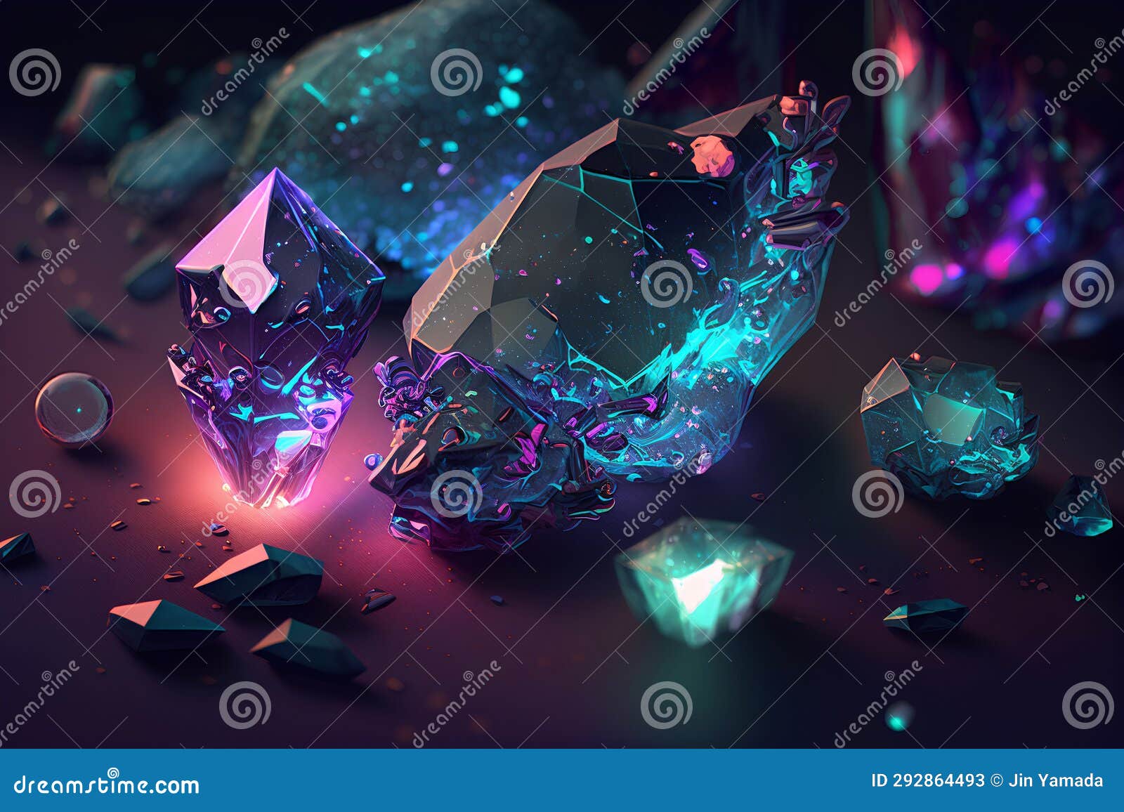 3d Render of Crystal Crystals on a Dark Background with Neon Light ...