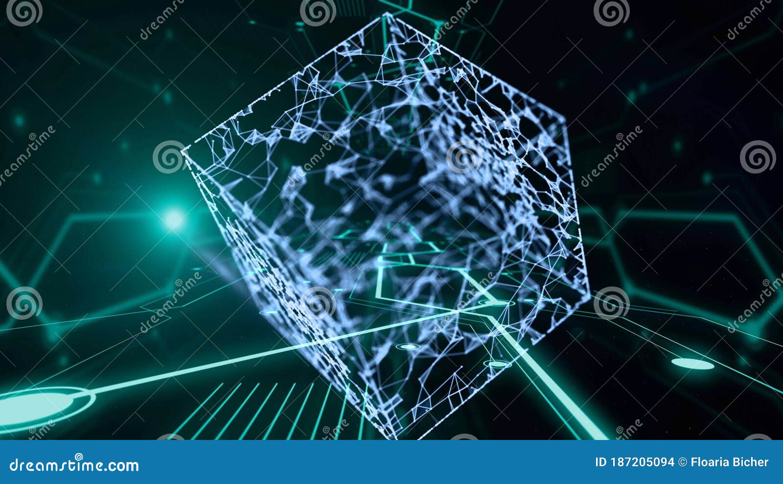 3d Render Cubic Tunnel with Large Blue Translucent Cube Floating Inside ...