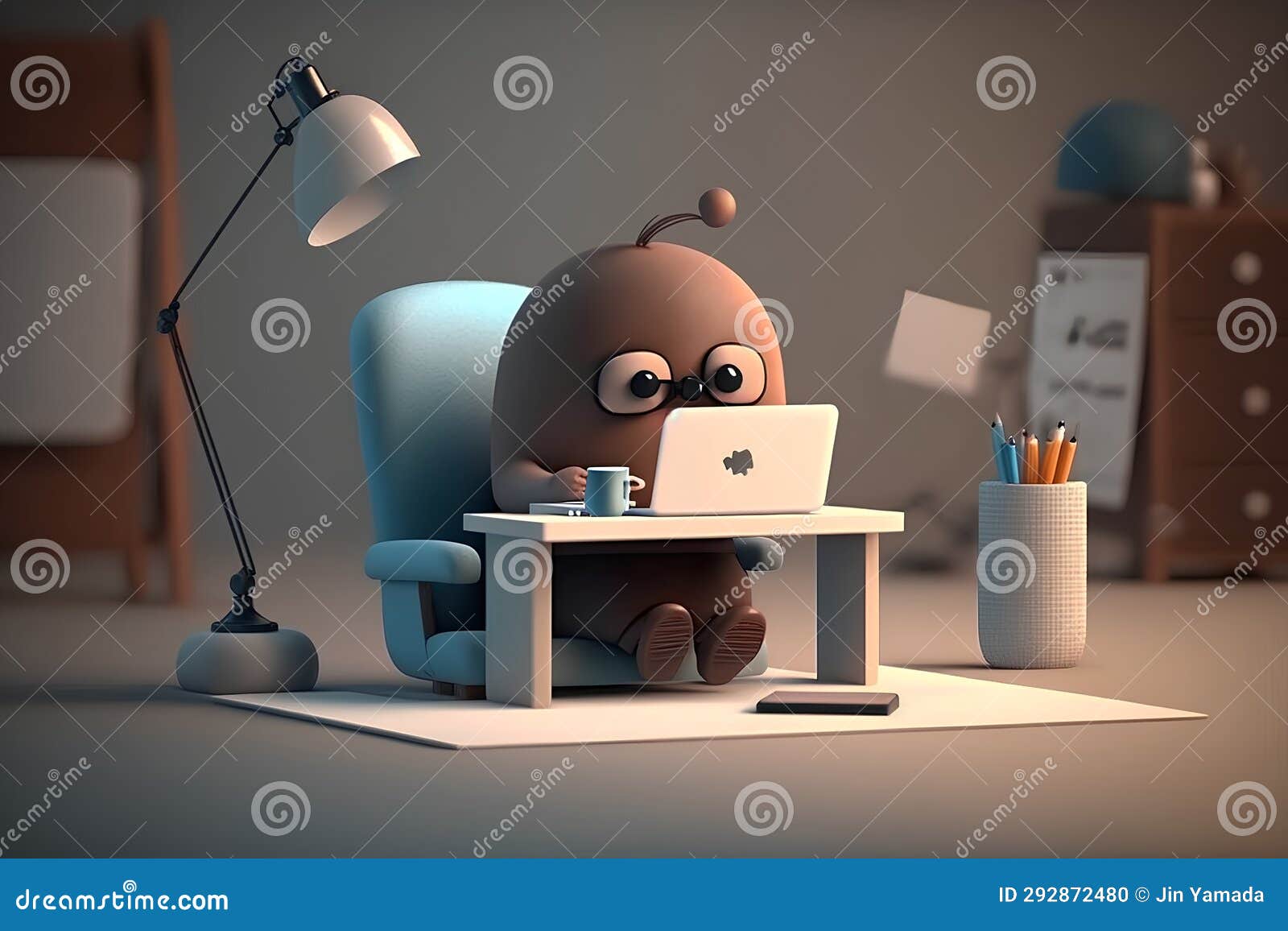 3d Render of Cute Cartoon Character Working on Laptop Computer at Home ...