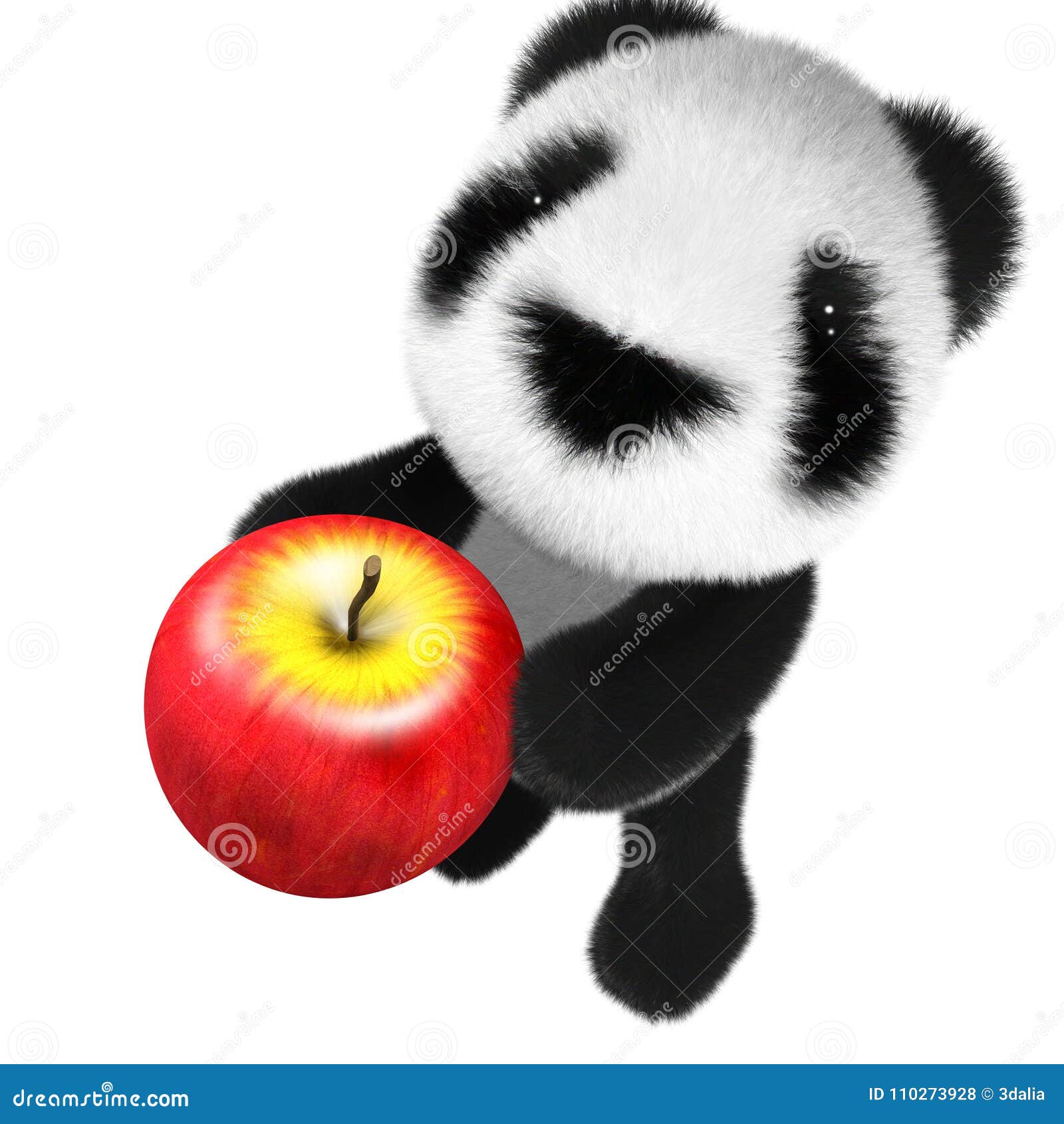 3d Cute and Funny Baby Panda Bear Character Holding an Apple Stock ...