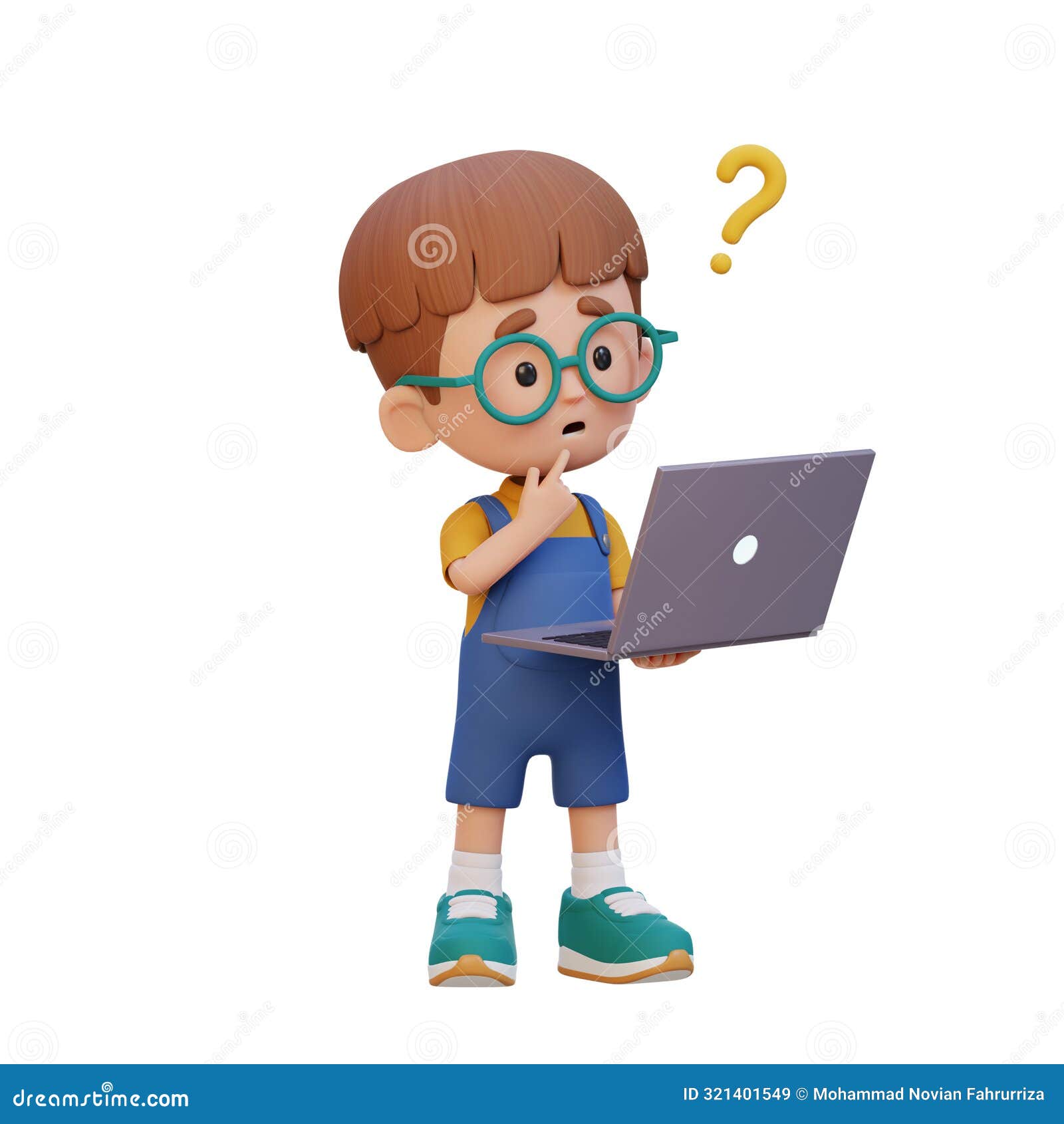3D Cute Kid Character Confused on a Laptop Stock Image - Illustration ...