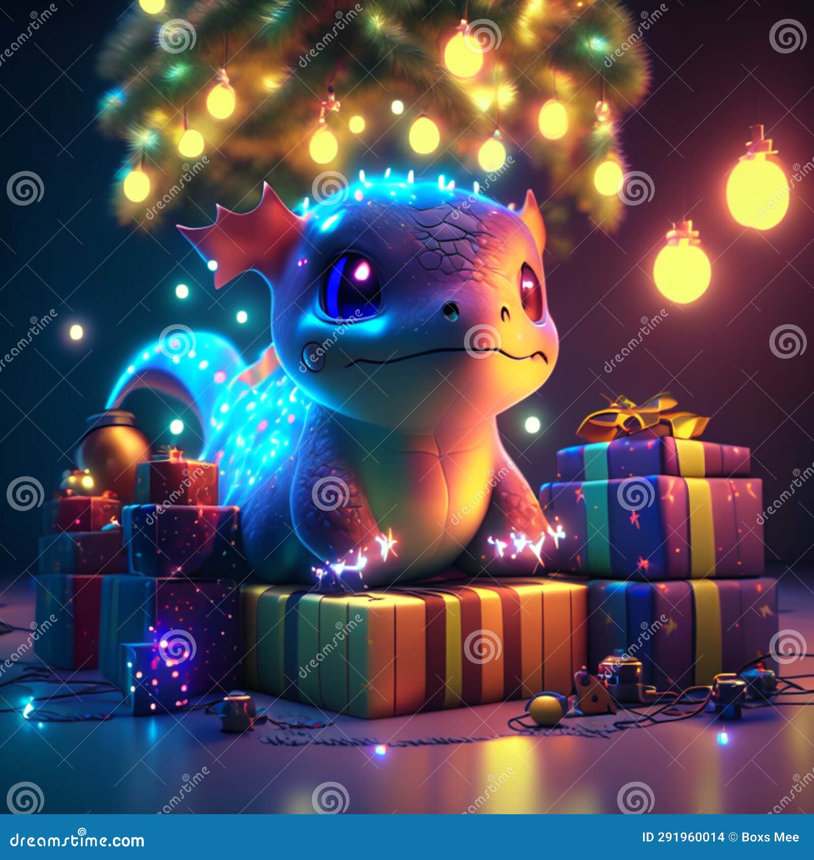 3d Render of Cute Monster with Christmas Tree and Gift Boxes AI ...
