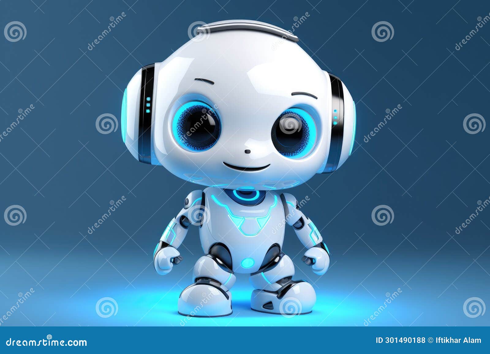 3D Render of a Cute Robot with Headphones Isolated on Blue Background ...
