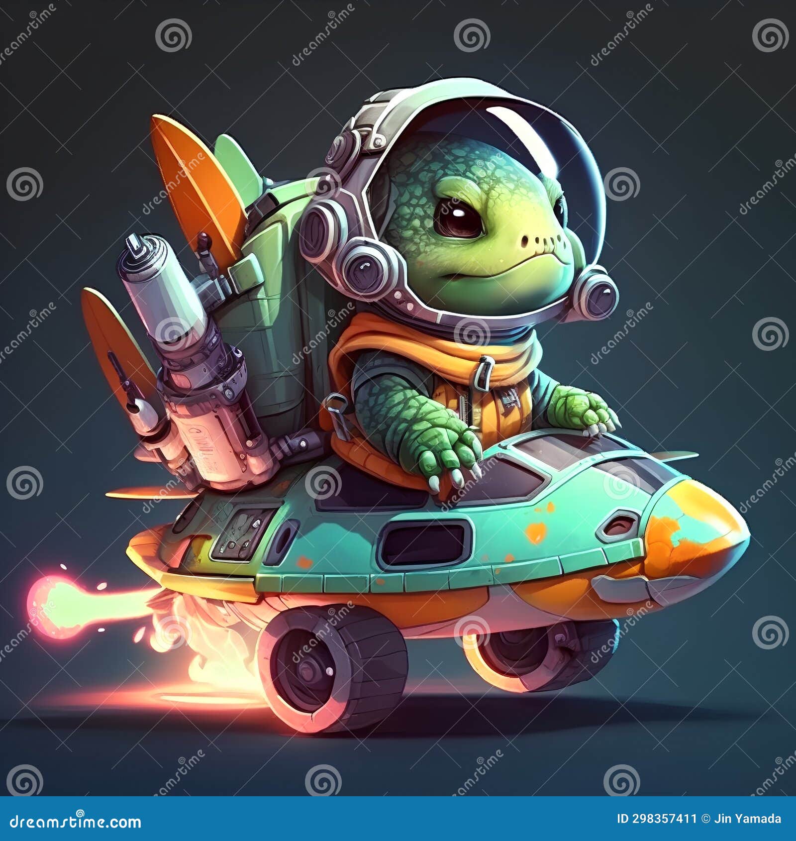 3D Render of a Cute Turtle in Spacesuit with Rocket Stock Illustration ...