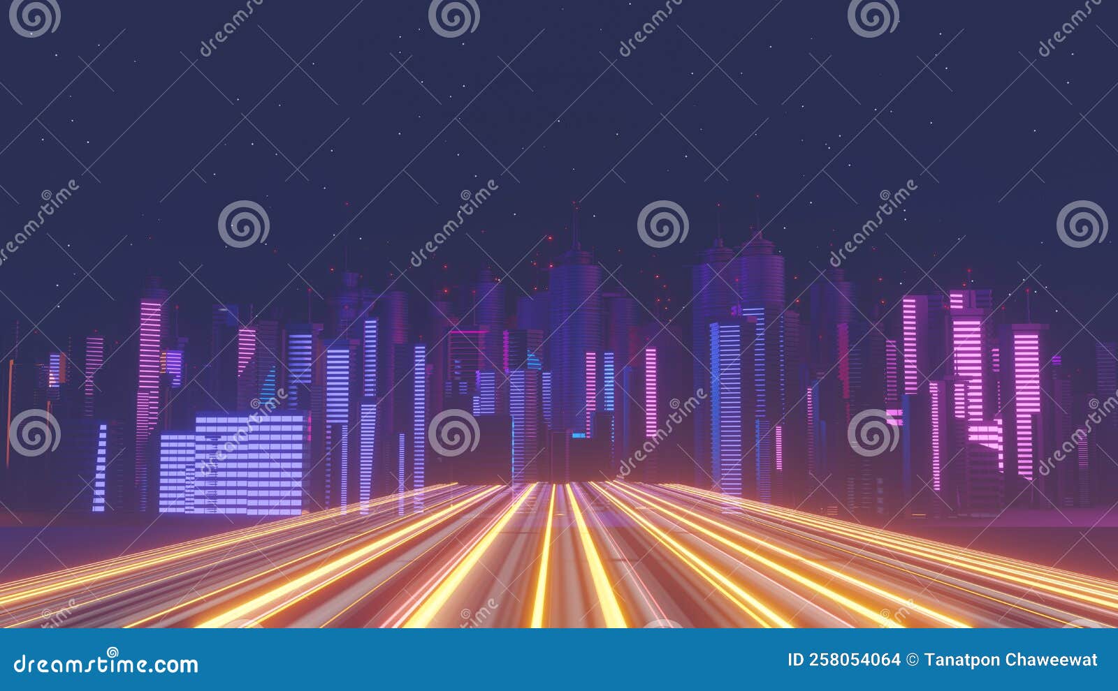 3d Render of Cyber Night Mega City Landscape Scene. Light Glowing and ...