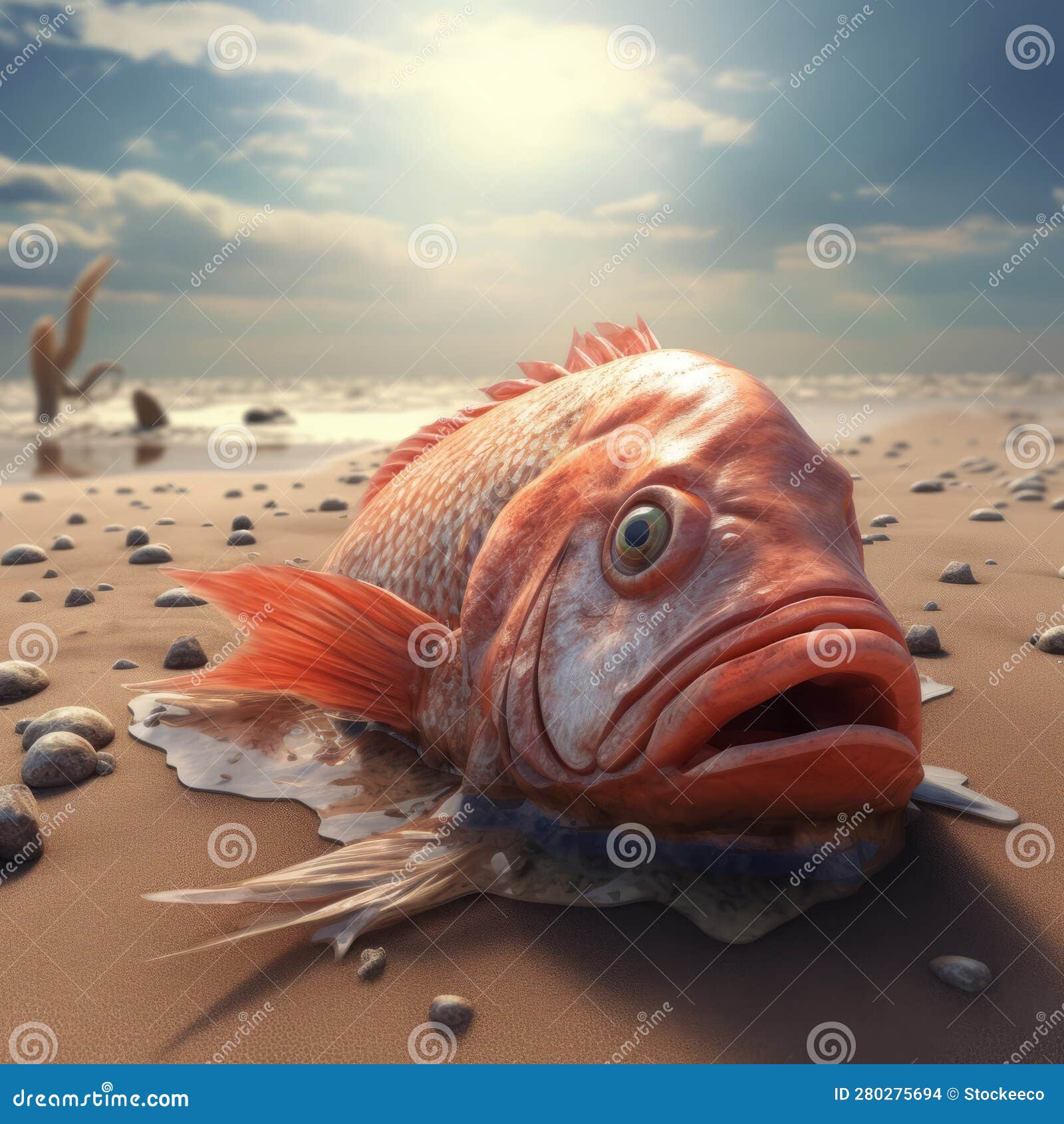 3d Render of Dead Fish on Beach with Intense Emotional Expression Stock ...