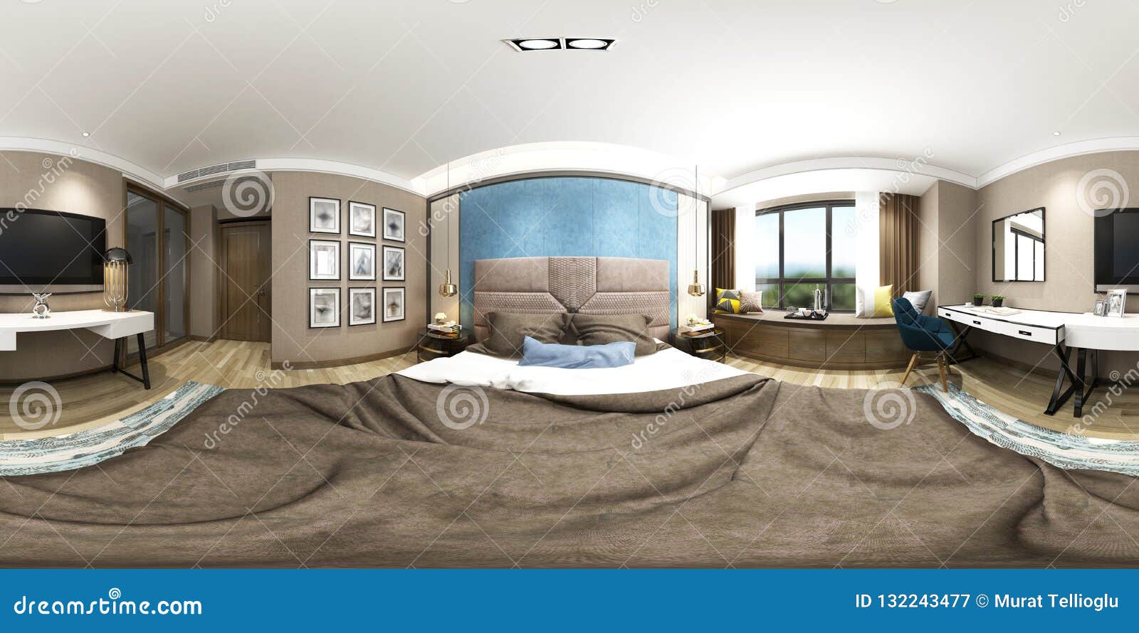 3d Render of 360 Degrees Bedroom Stock Illustration - Illustration of ...