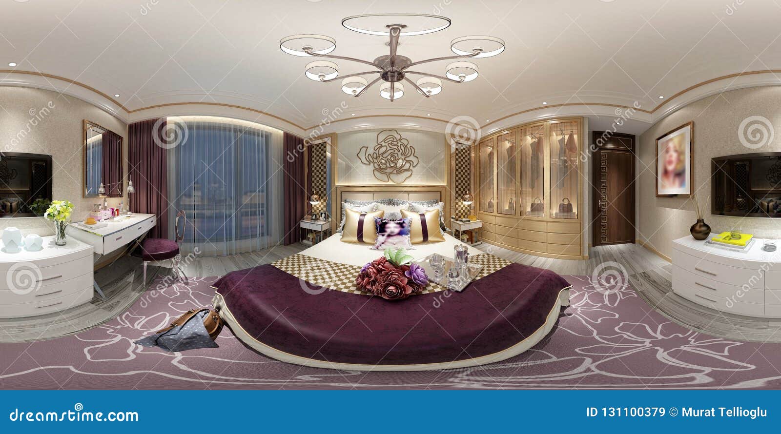 3d Render of 360 Degrees Bedroom Stock Illustration - Illustration of ...