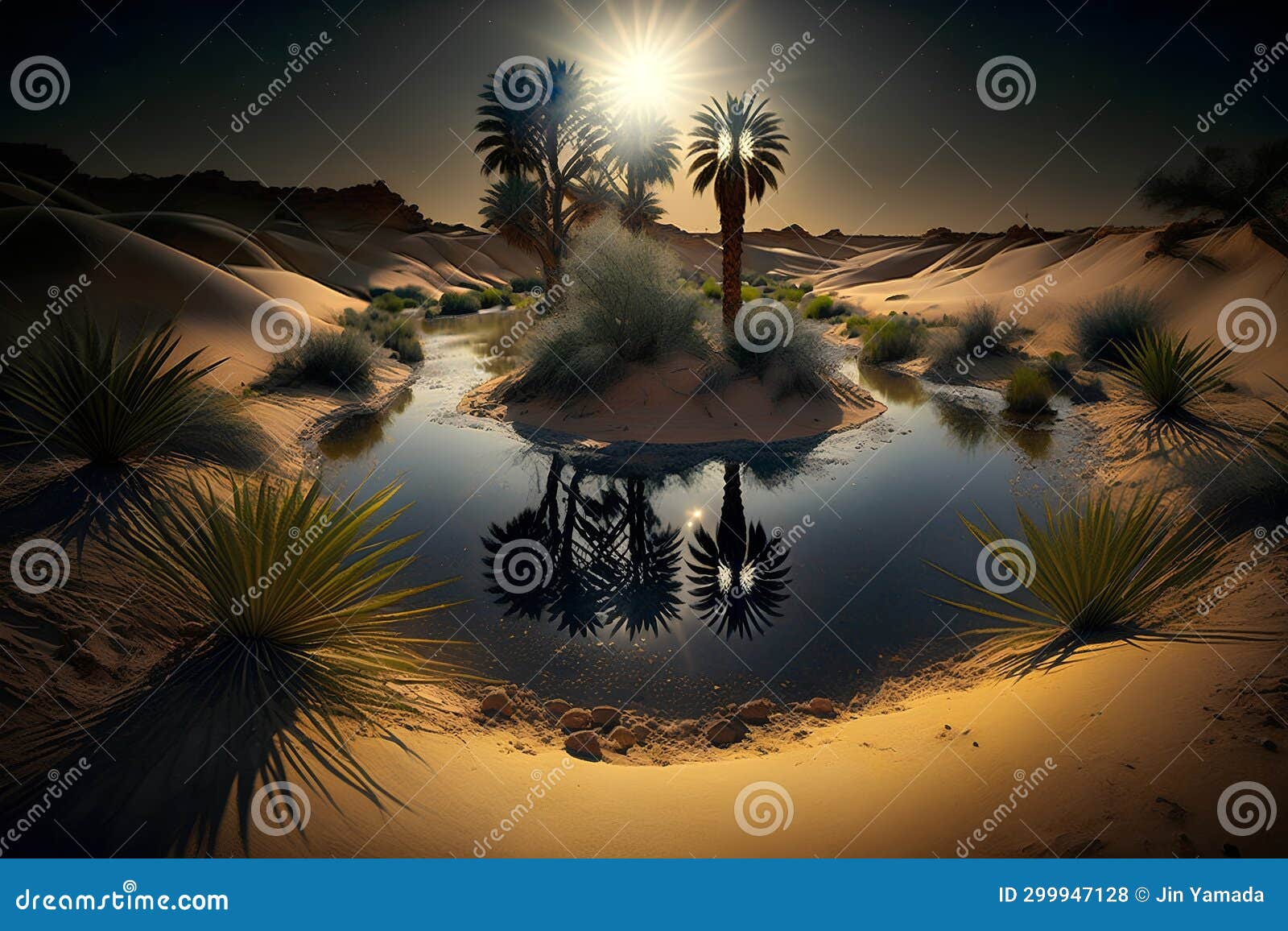 3d Render of Desert Landscape with Palm Trees and Reflections in Water ...
