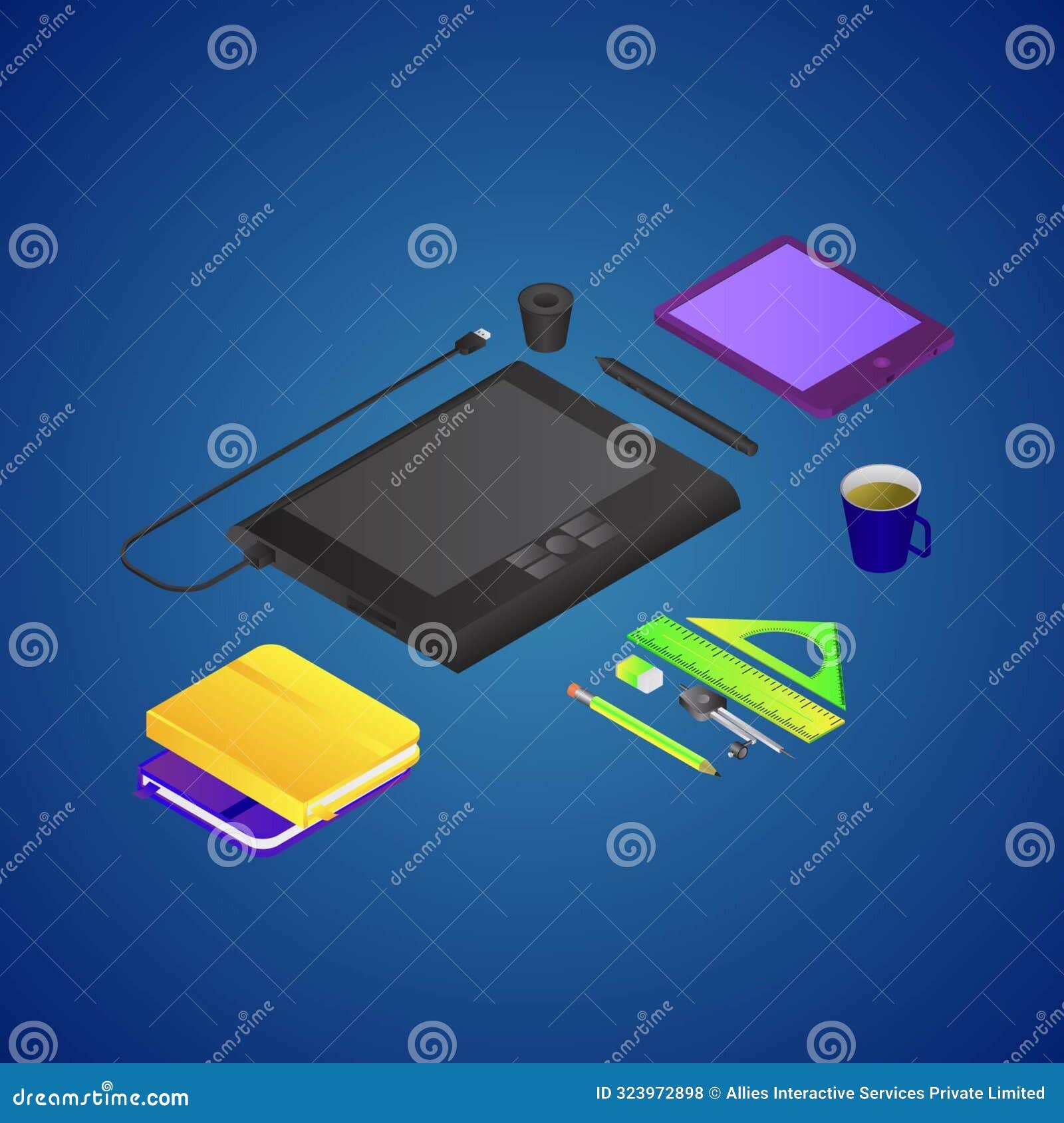 3D Render of Designing Tools Like As Pen Tab with Smartphone, Books ...