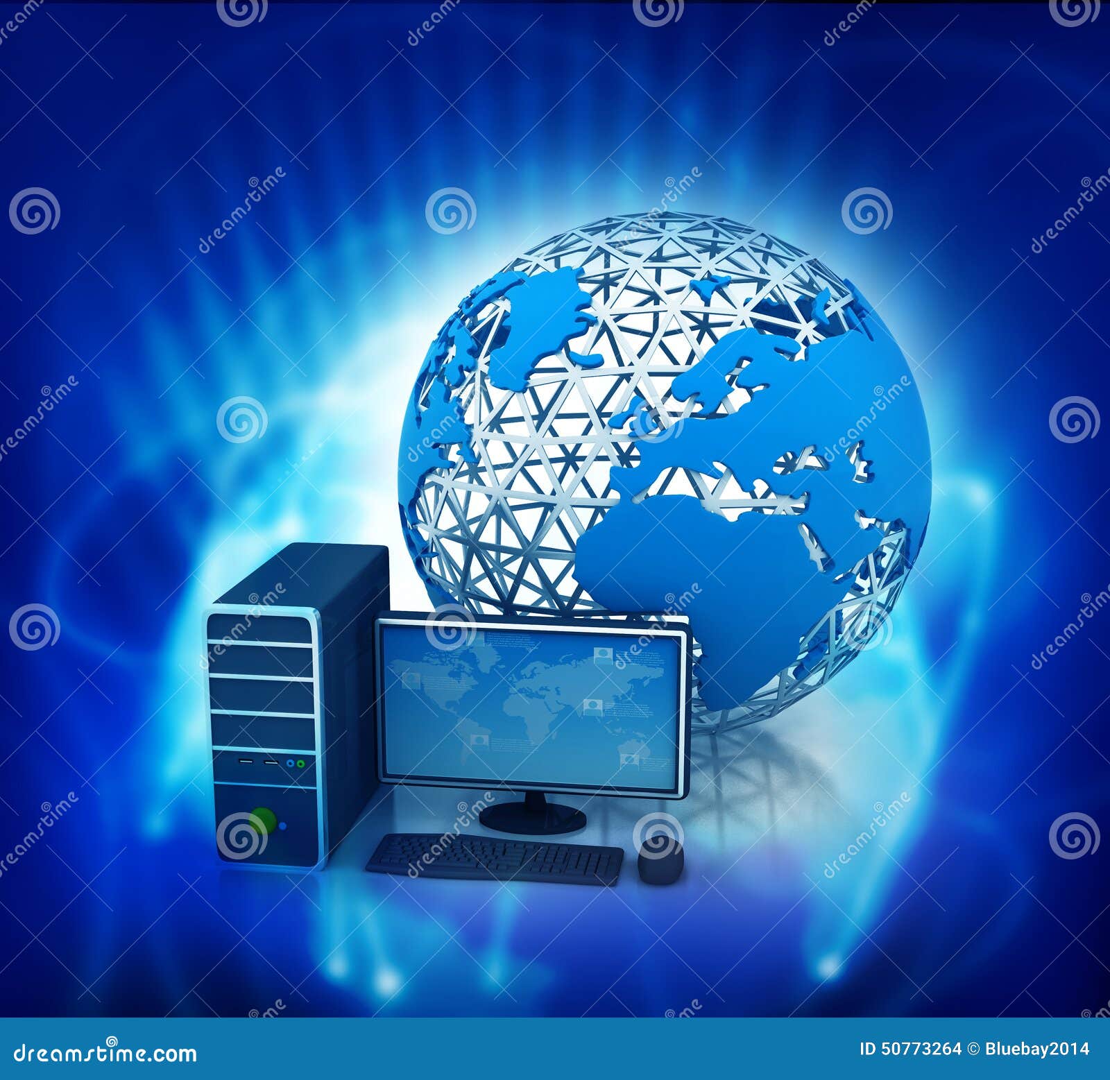 3d Render of Desktop Computer with Globe Stock Illustration ...