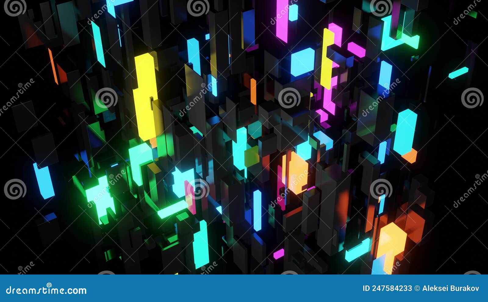 3d Render. Different Sizes Cubes Network Lighting Multicolor Neon Light ...