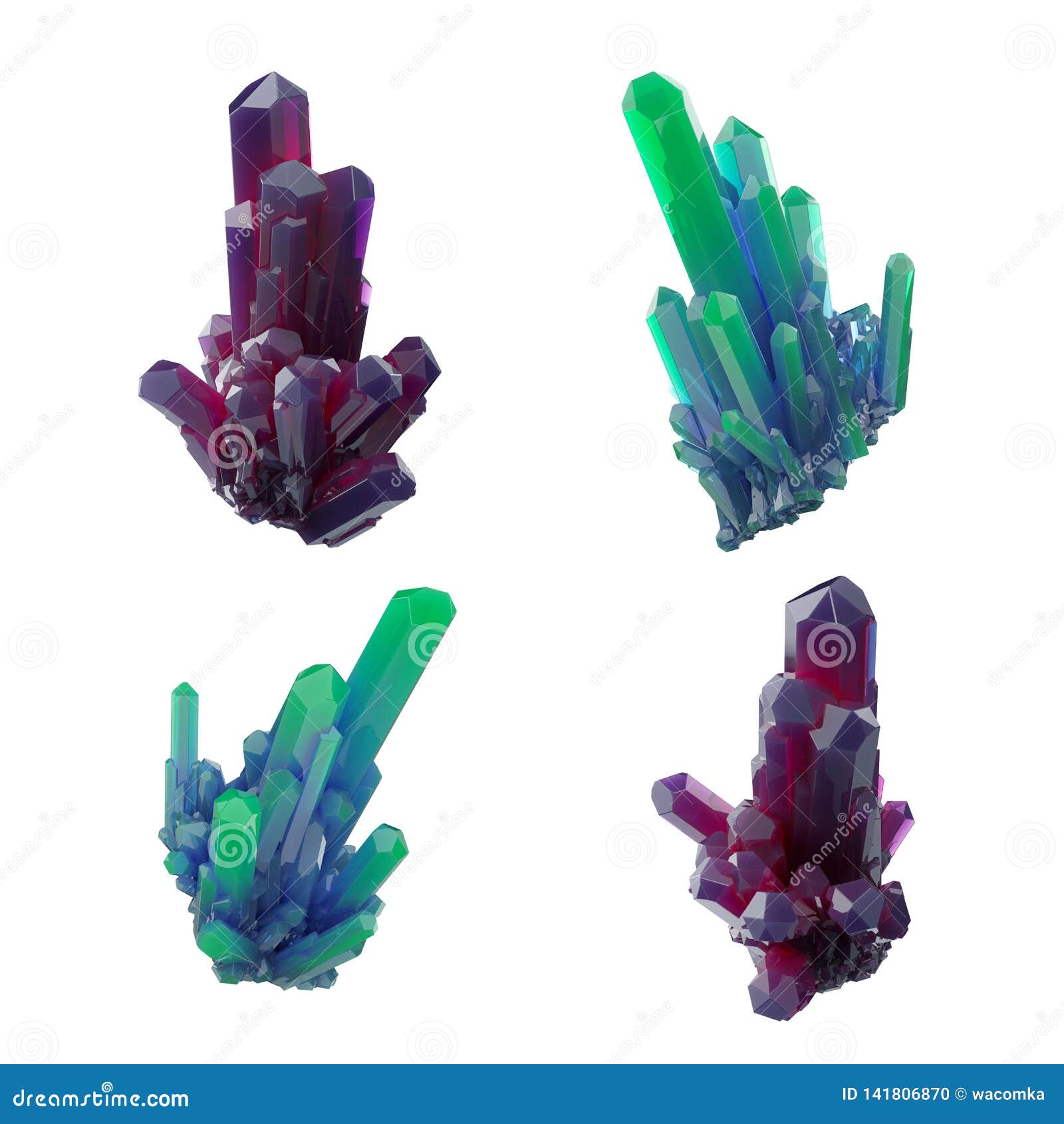 3d Render, Abstract Crystals, Perspective View, Ruby and Green Nugget ...