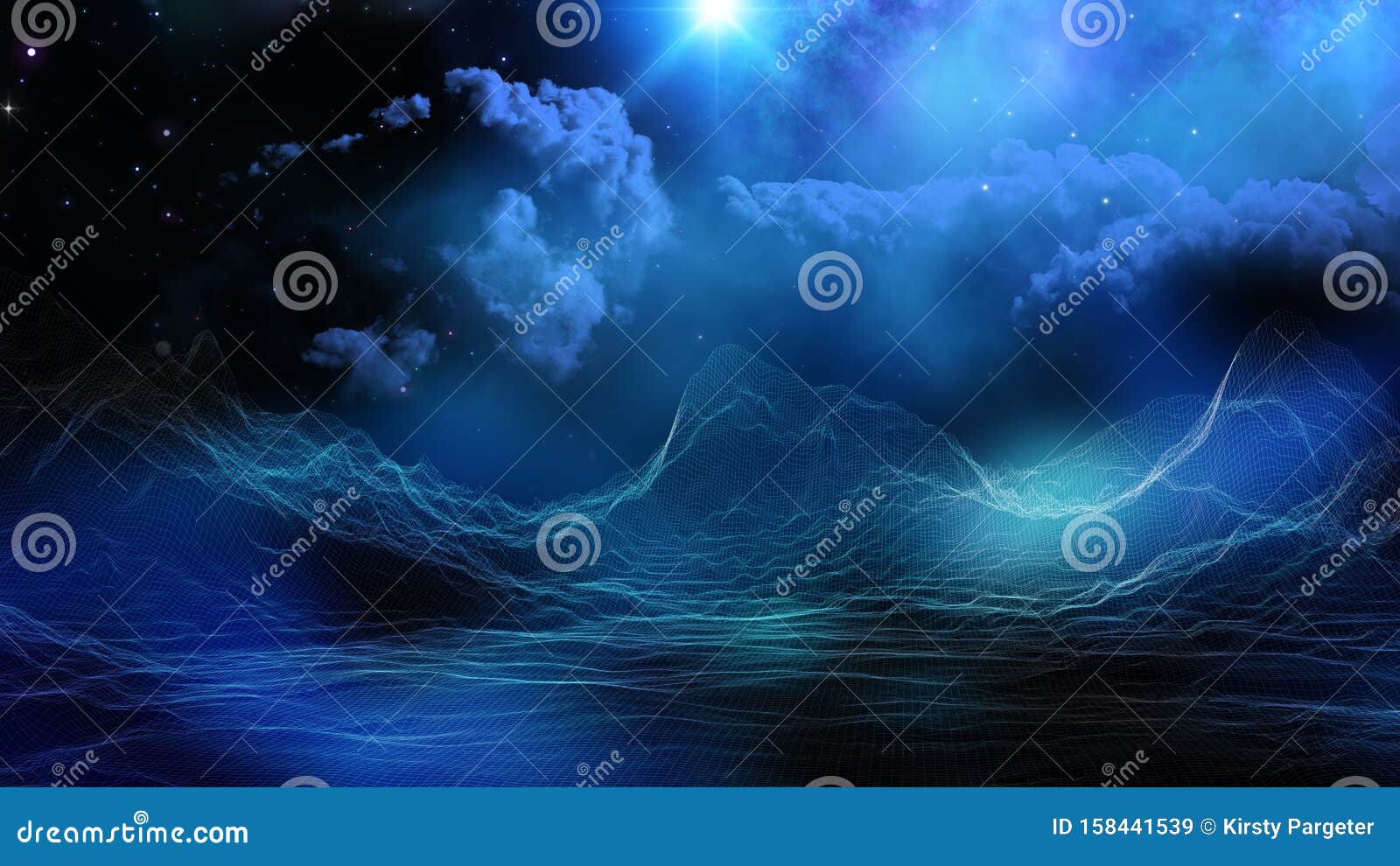 3D Digital Landscape on Fictional Space Sky Background Stock ...