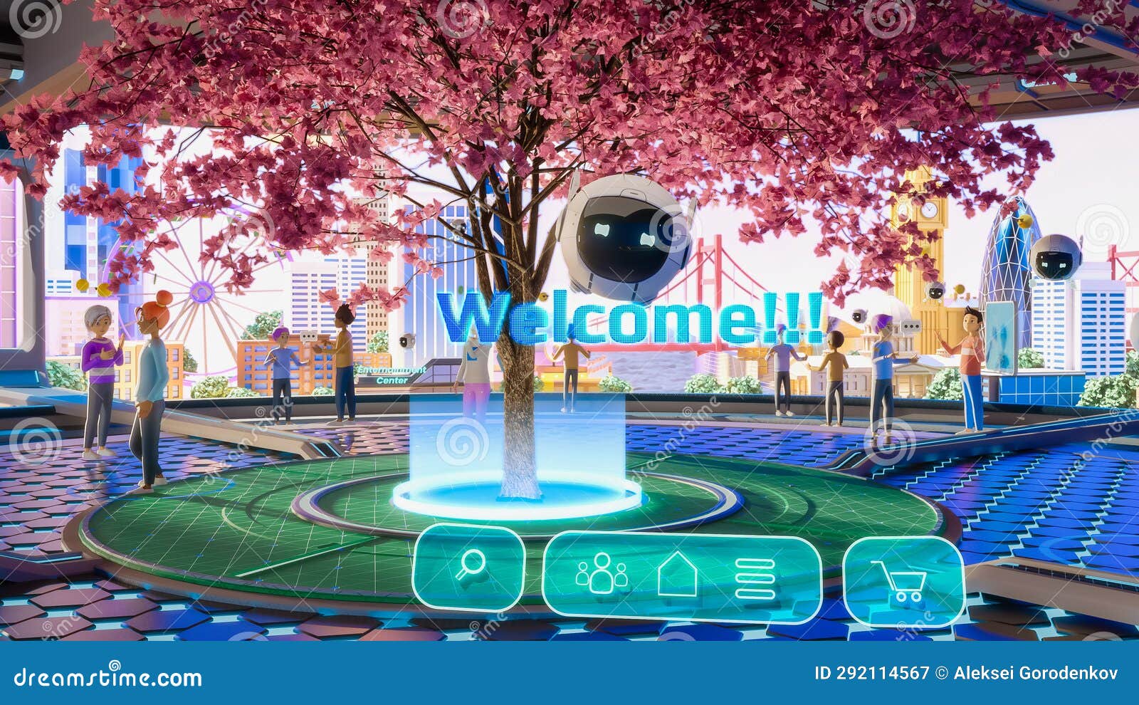 3D Render of Digital Metaverse. Virtual Reality World with User Avatars ...