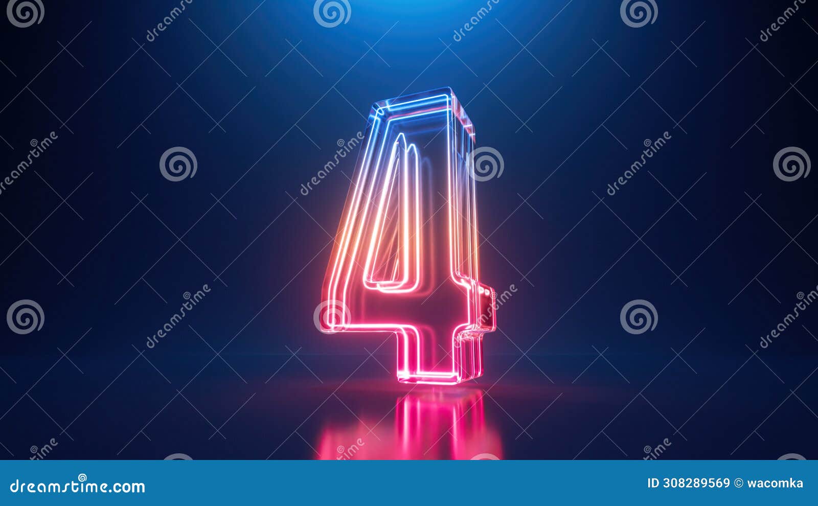 3d Render, Digital Neon Number Four. Glass Symbol with Glowing Linear ...