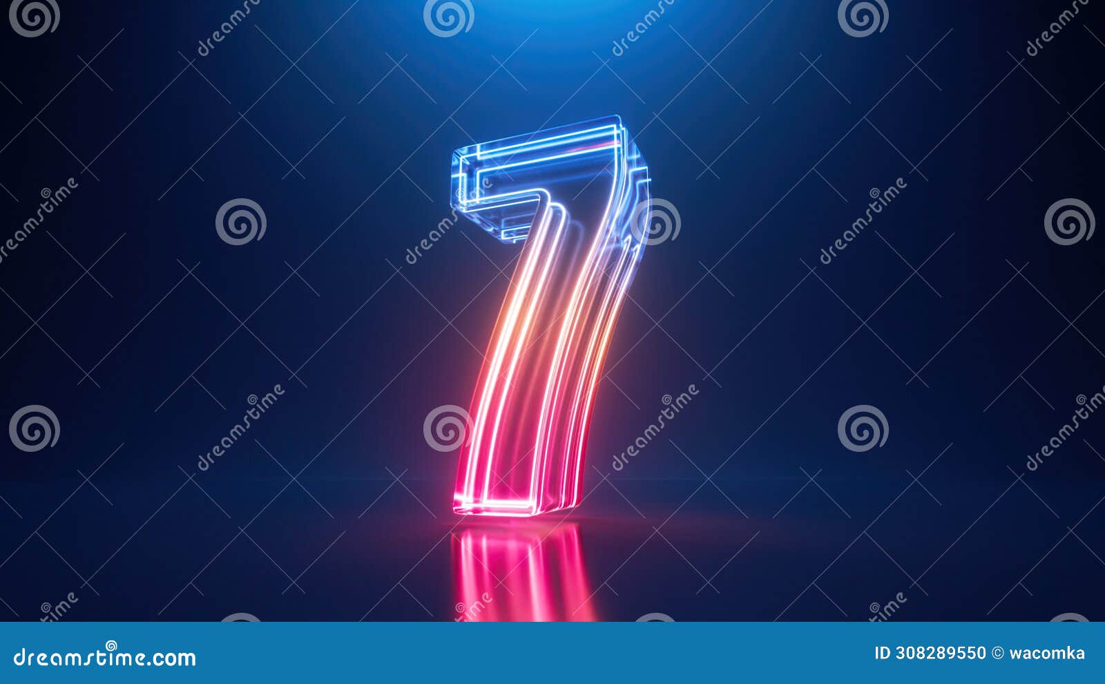 3d Render, Digital Neon Number Seven. Glass Symbol with Glowing Linear ...