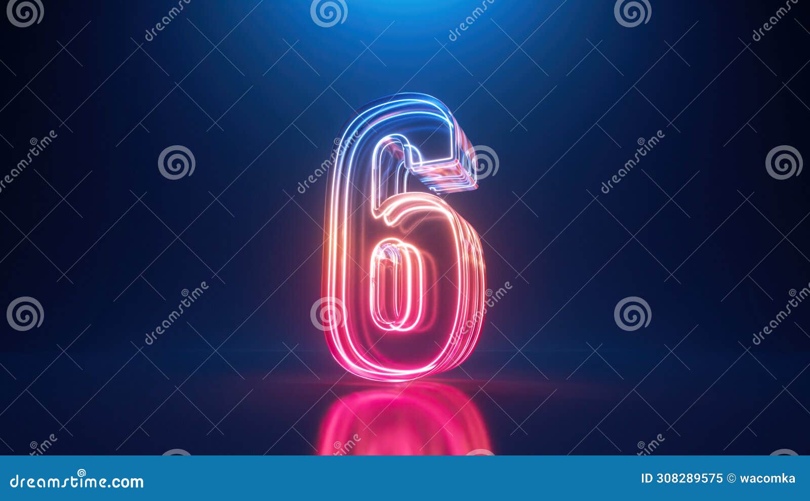 3d Render, Digital Neon Number Six. Glass Symbol with Glowing Linear ...
