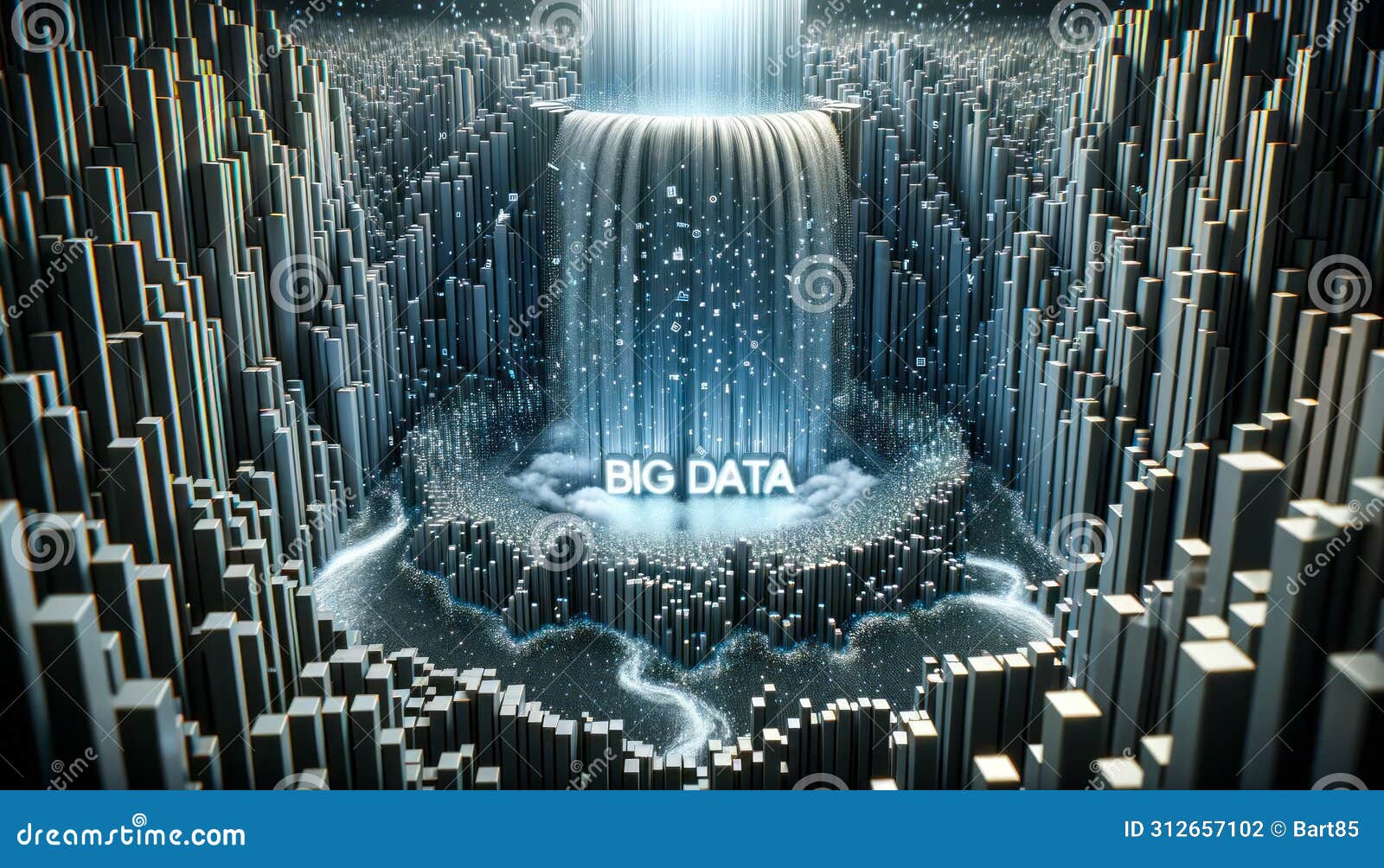 3D Render Of A Digital Waterfall Where Instead Of Water Flowing Streams ...