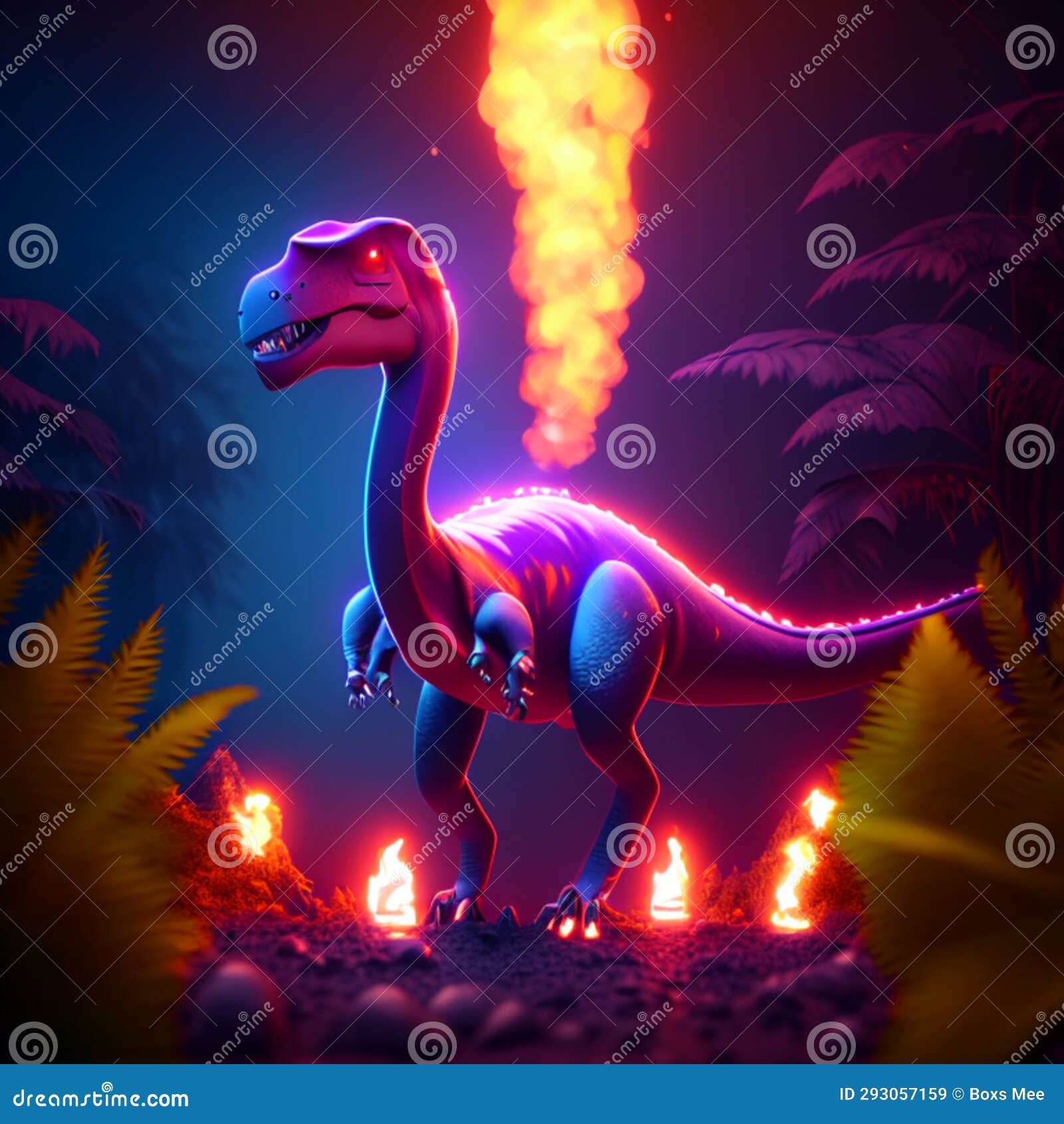 3d Render of Dinosaur with Fire on the Background of Palm Leaves ...