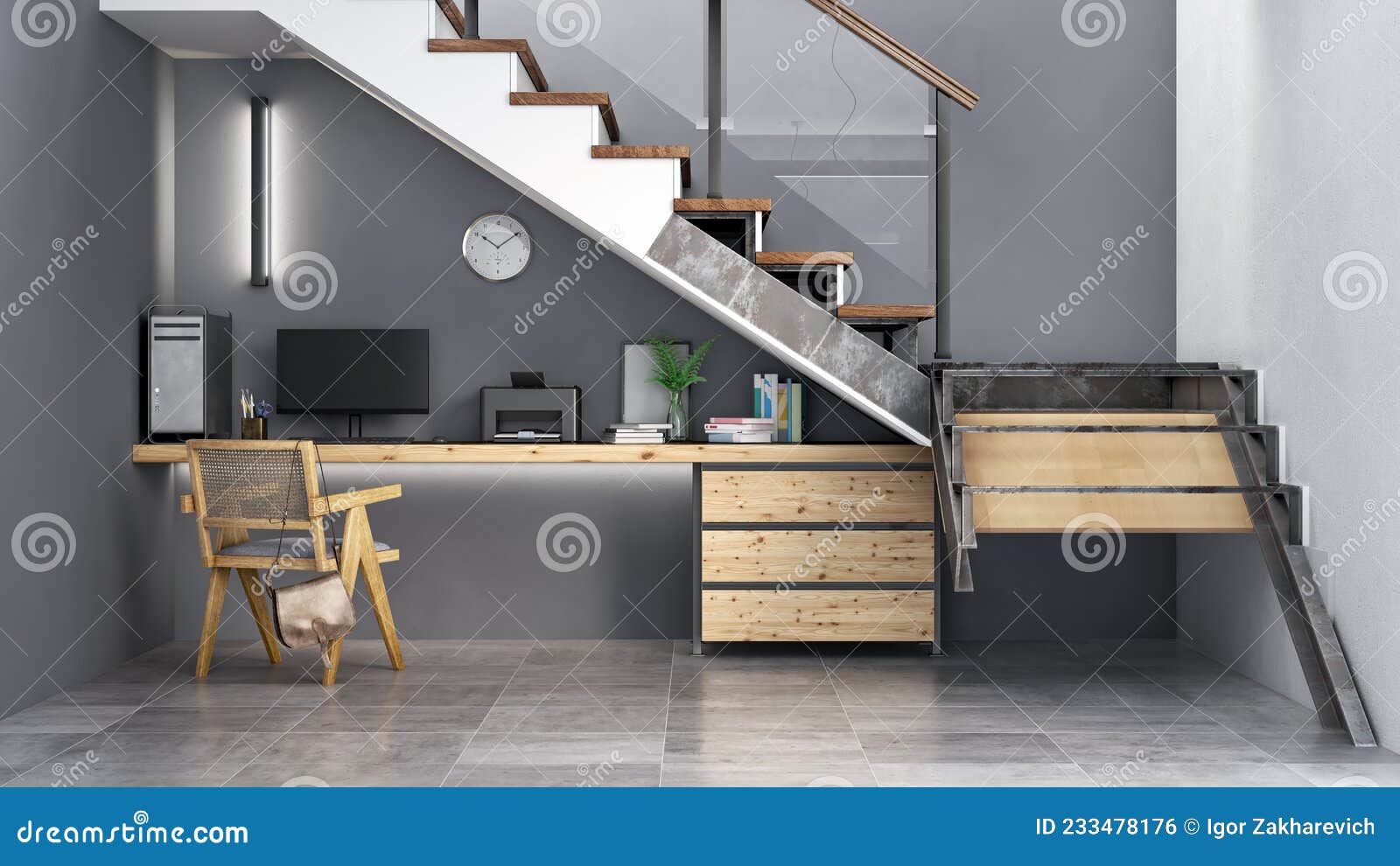 3D Render Of A Stair In Modern Interior With Wooden Floor And Grey ...