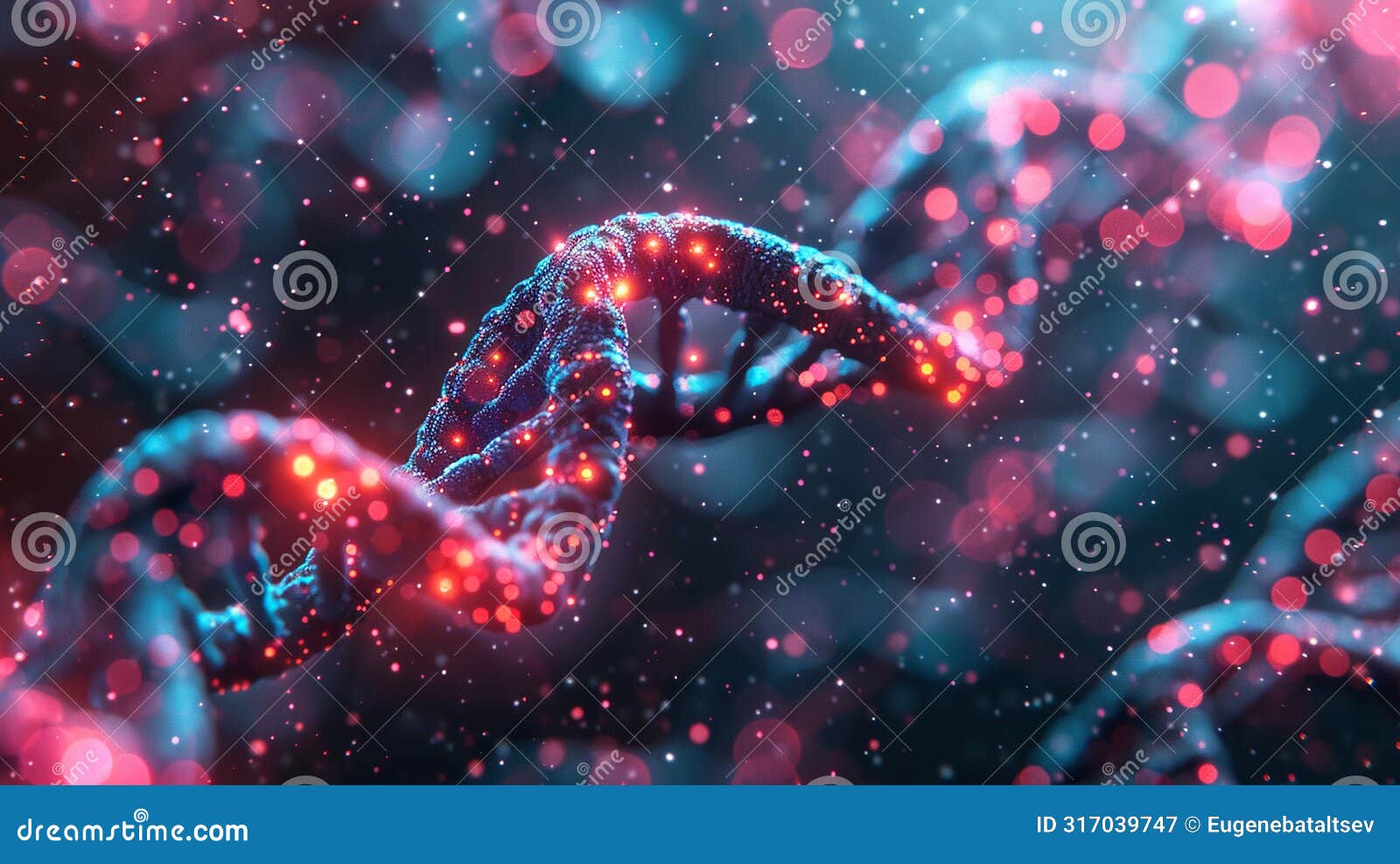 3D Render DNA Structure Glowing Particles Science. Molecular Biology ...