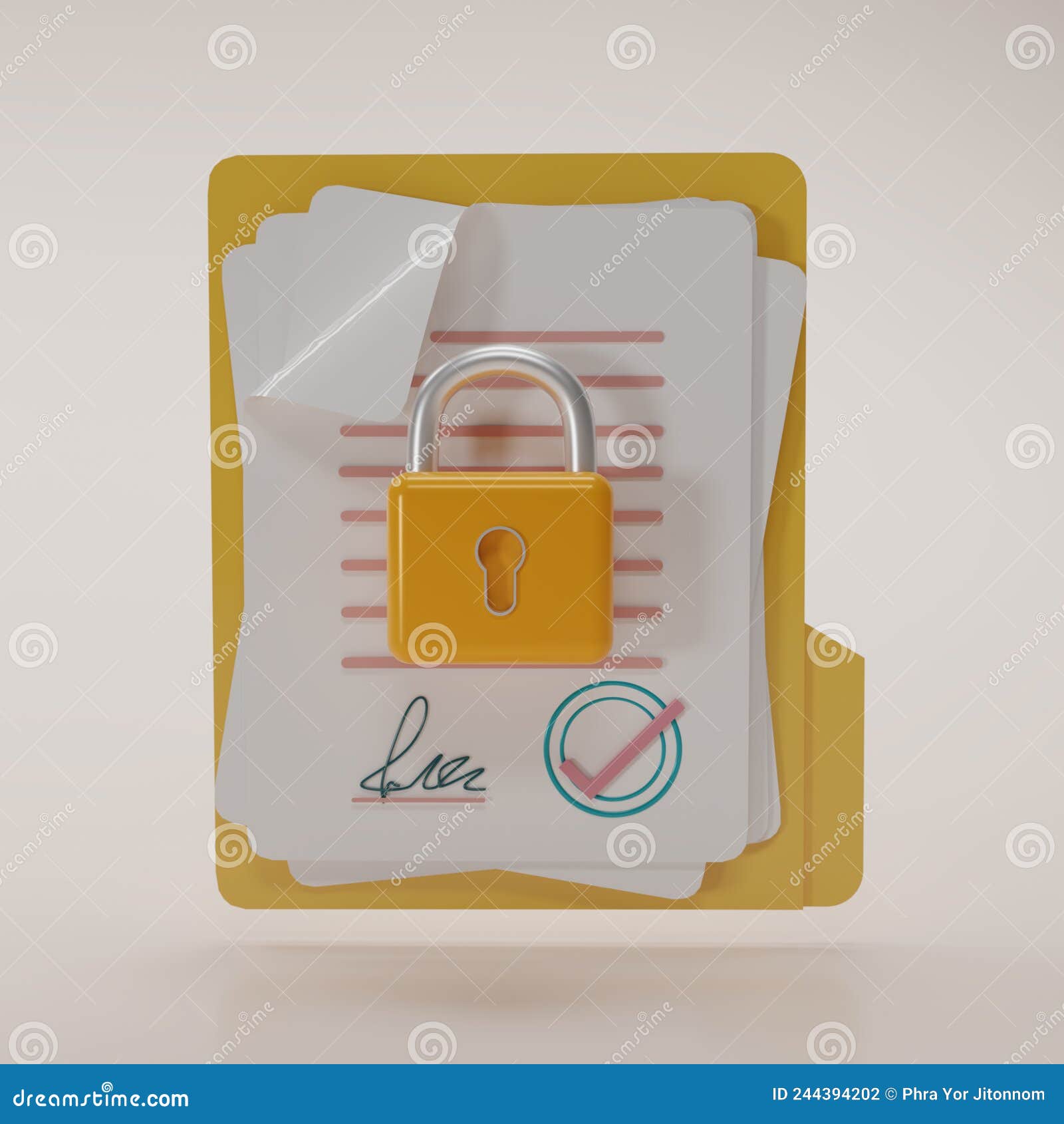 3D Render Documents in Folder Icon with Lock on Pink Background ...