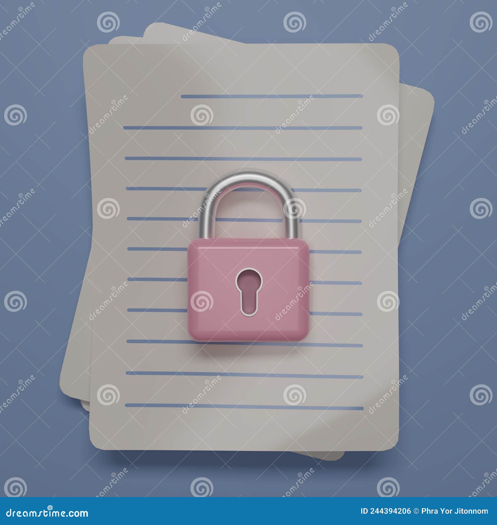 3D Render Documents Icon with Pink Lock on Blue Background. Sensitive ...