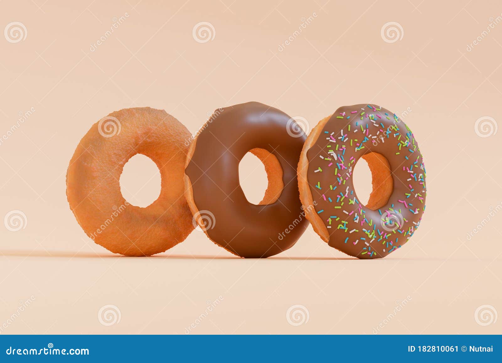 3D Render - Donuts Stacked in Different Styles Viewed at an Oblique ...
