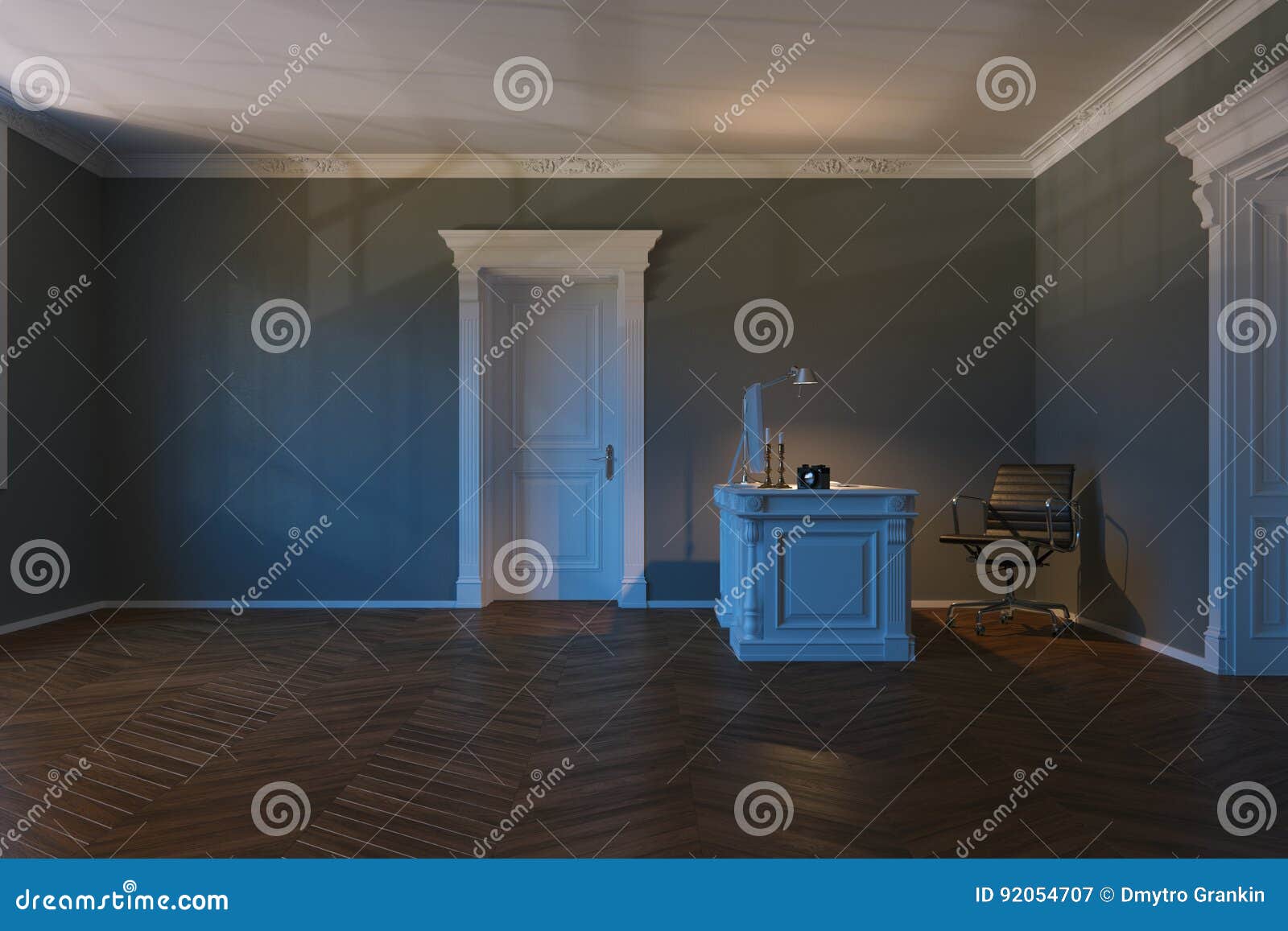 3d Render Dusk Lighting Office Interior Side View Stock Illustration ...