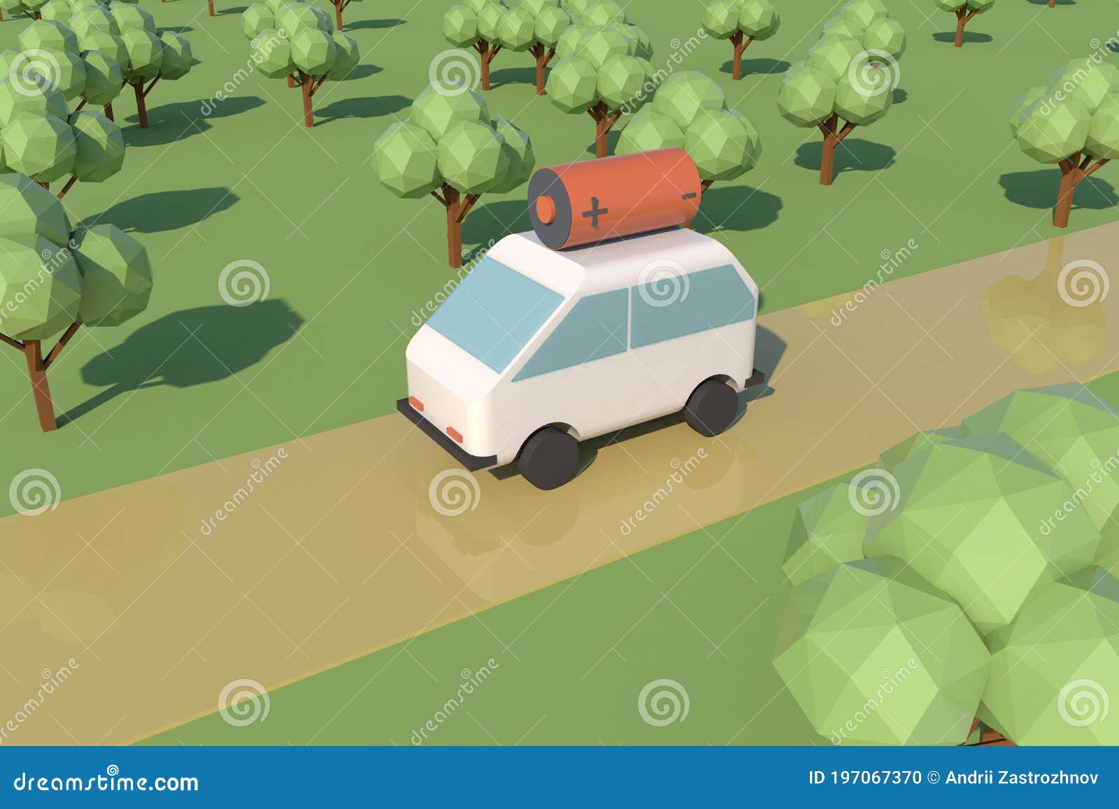3d Render Electric Car Drives Along the Road among the Trees Stock ...