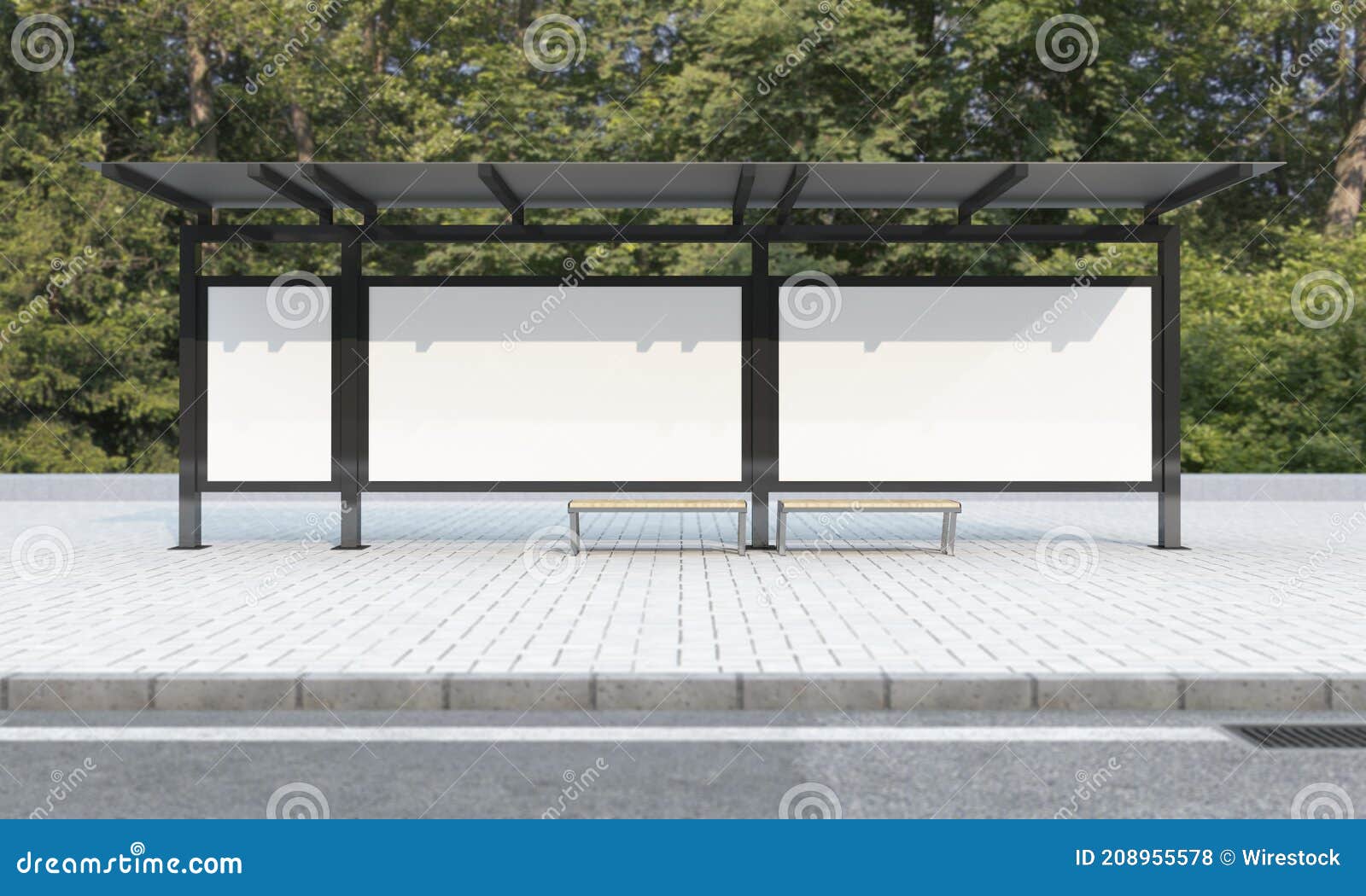 3d Render of an Empty Bus Station on the Pavement with Trees in the ...