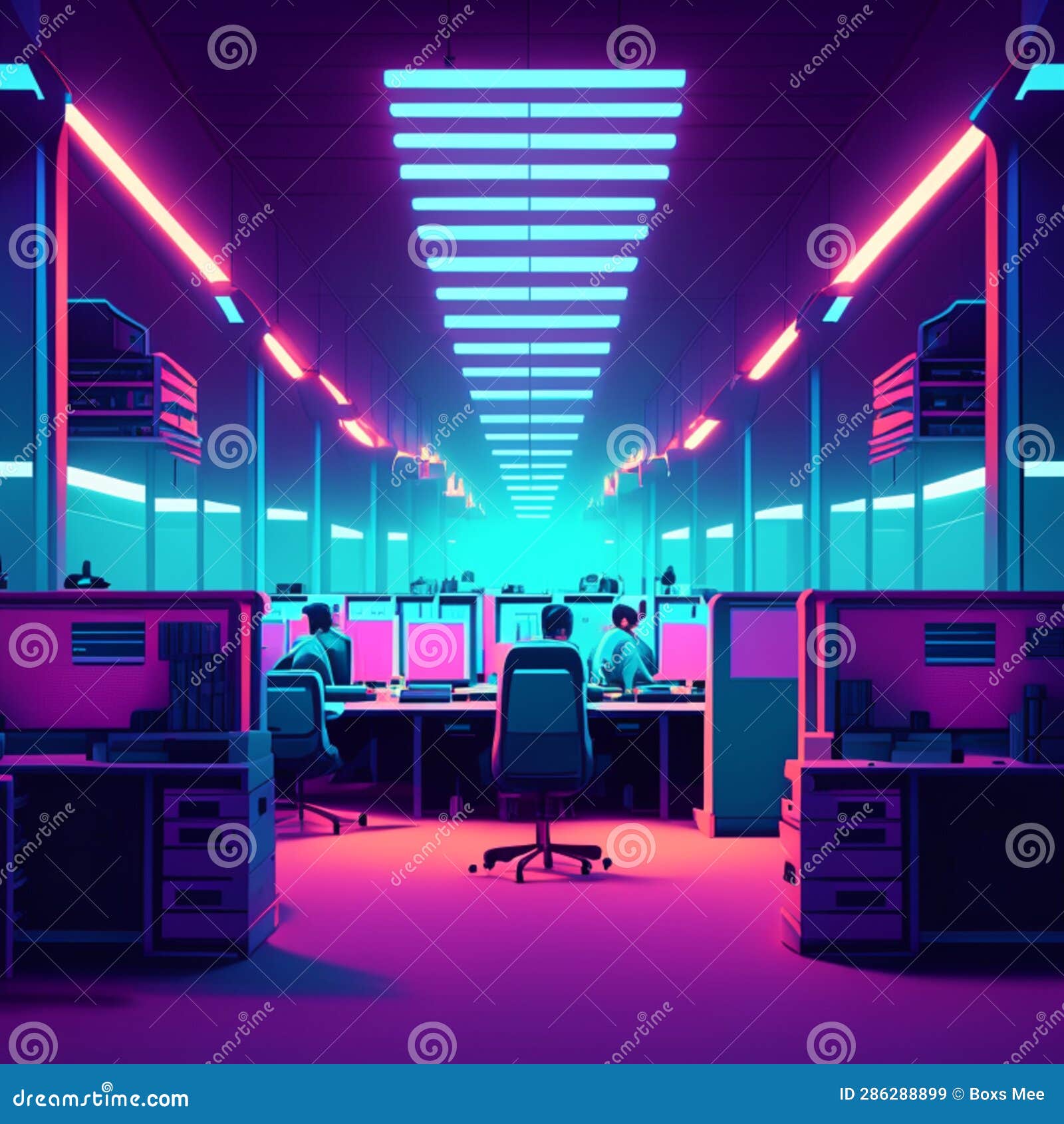 3D Render of an Empty Office with Neon Lights. 3D Illustration AI ...