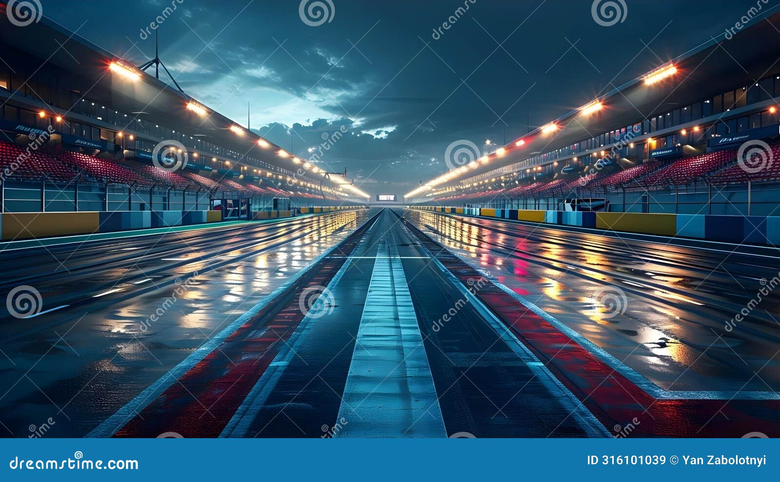 3D Render of Empty Race Track Arena with Spotlights on Grandstands ...