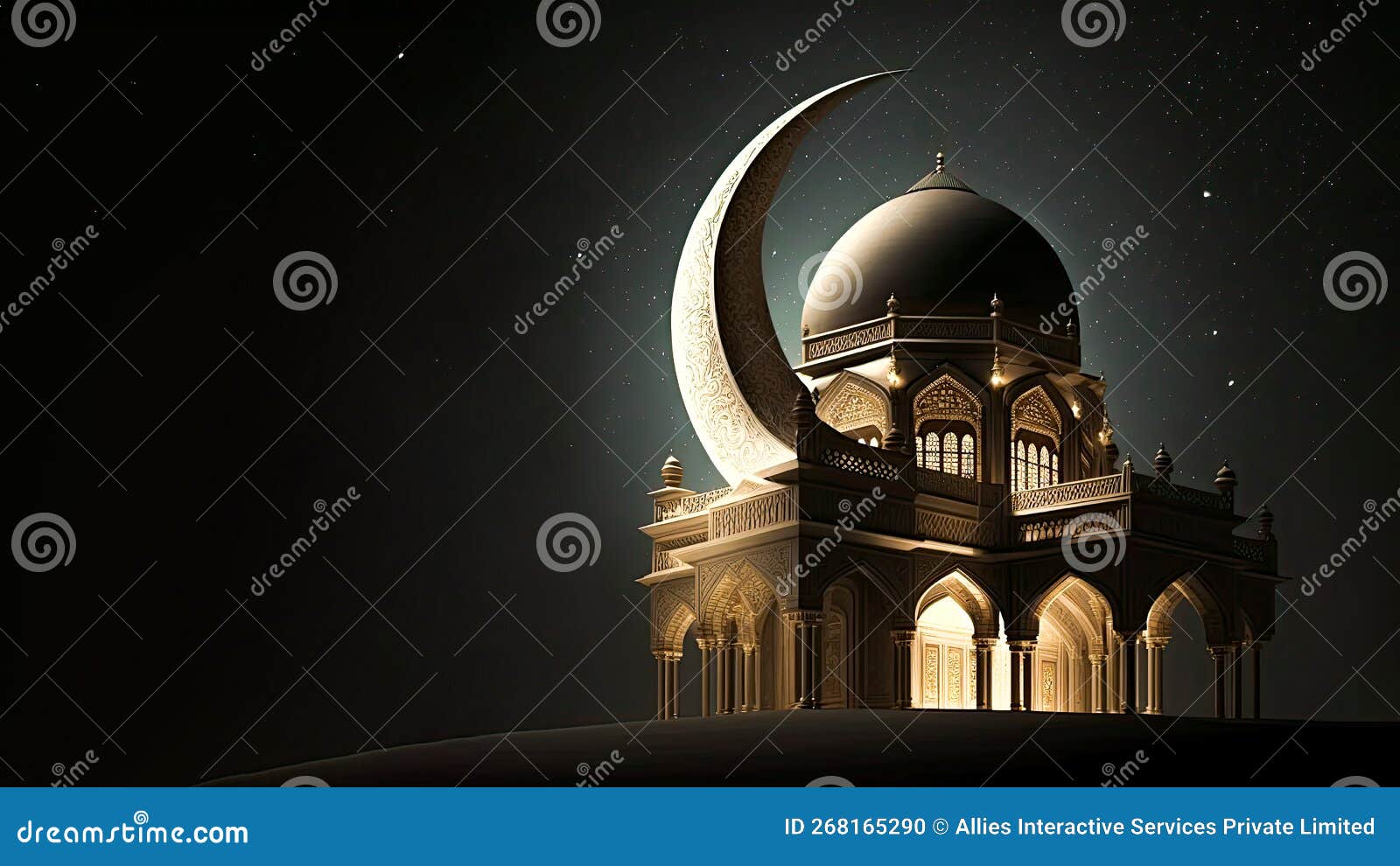 3D Render of Exquisite Mosque and Crescent Moon at Night. Islamic ...