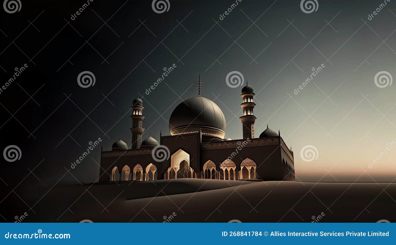 3D Render of Exquisite Mosque on Sand Dune Night Background. Islamic ...