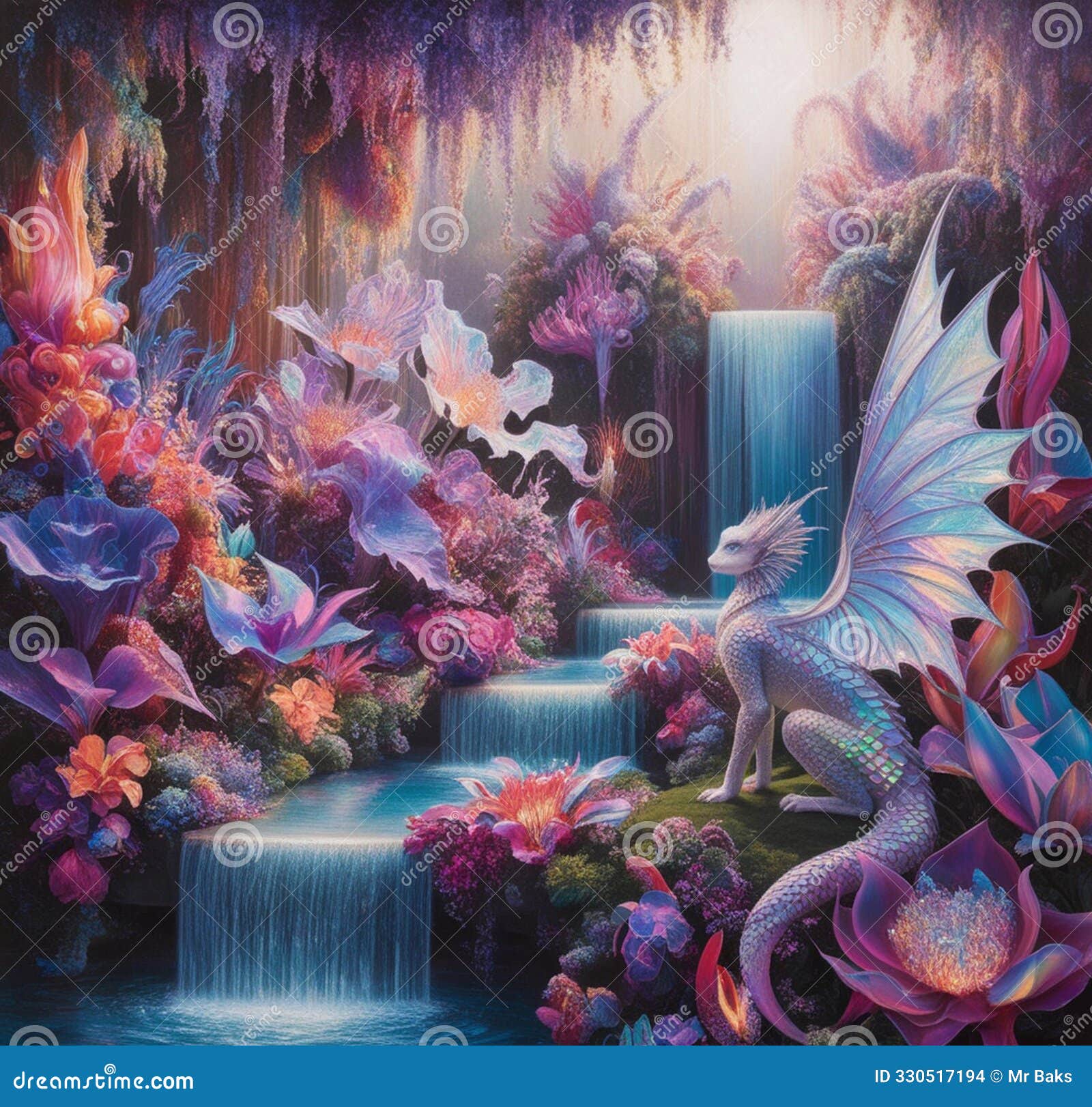 3d Render of Fairy Tale Scene with Fantasy Dragon and Waterfall. Stock ...