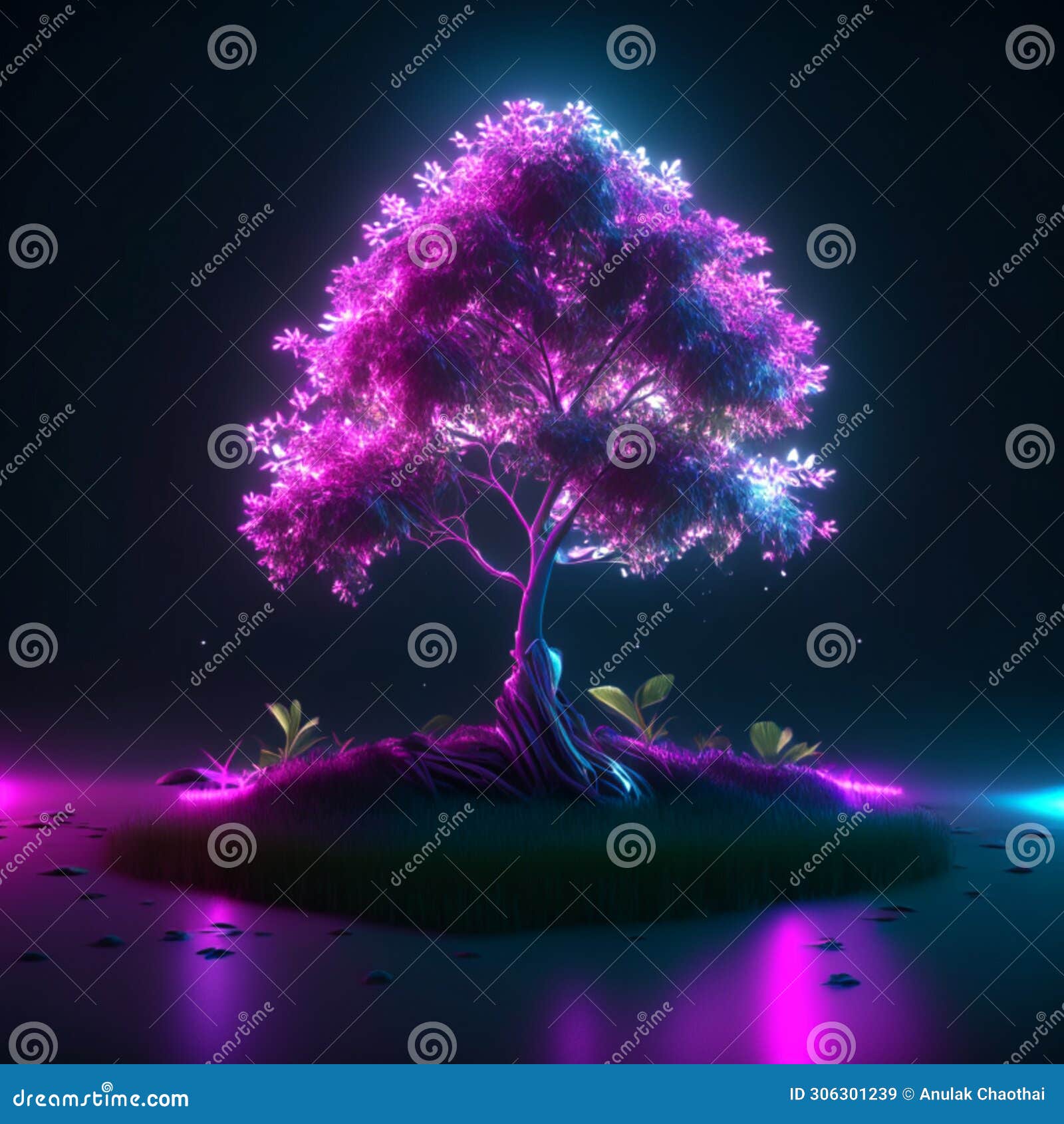 3D Render of a Fantasy Landscape with a Tree in Neon Light Generative ...
