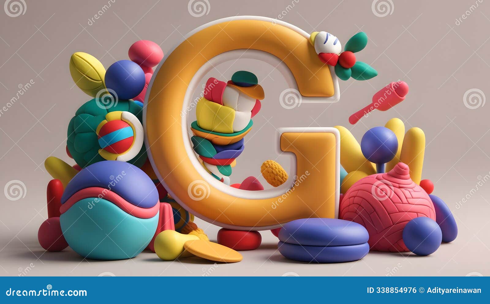 3D Render of Letter G Surrounded by Playful Objects in Soft CGI Clay ...