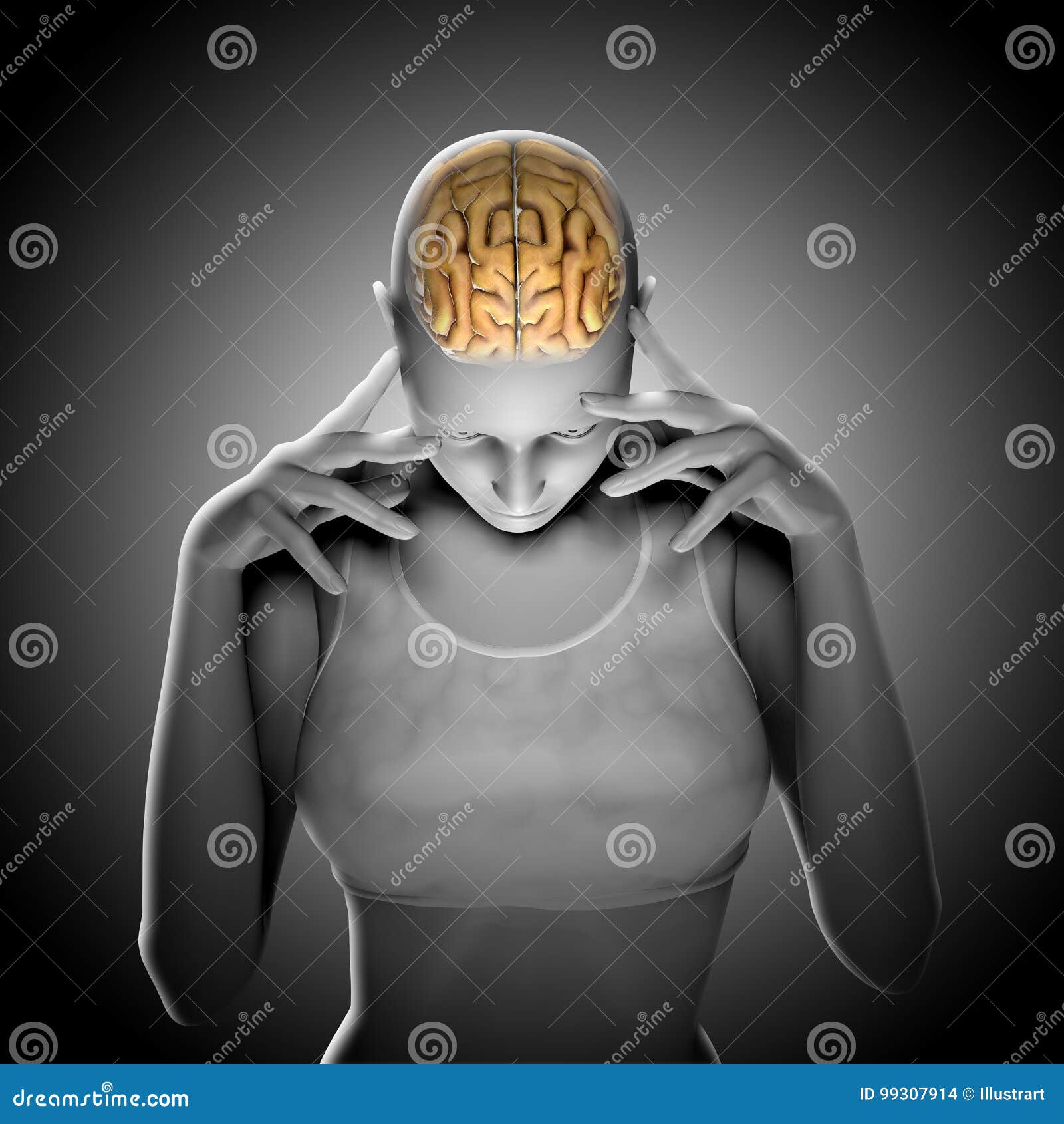 3D Render Of A Female Figure Thinking With Highlighted Brain Stock ...