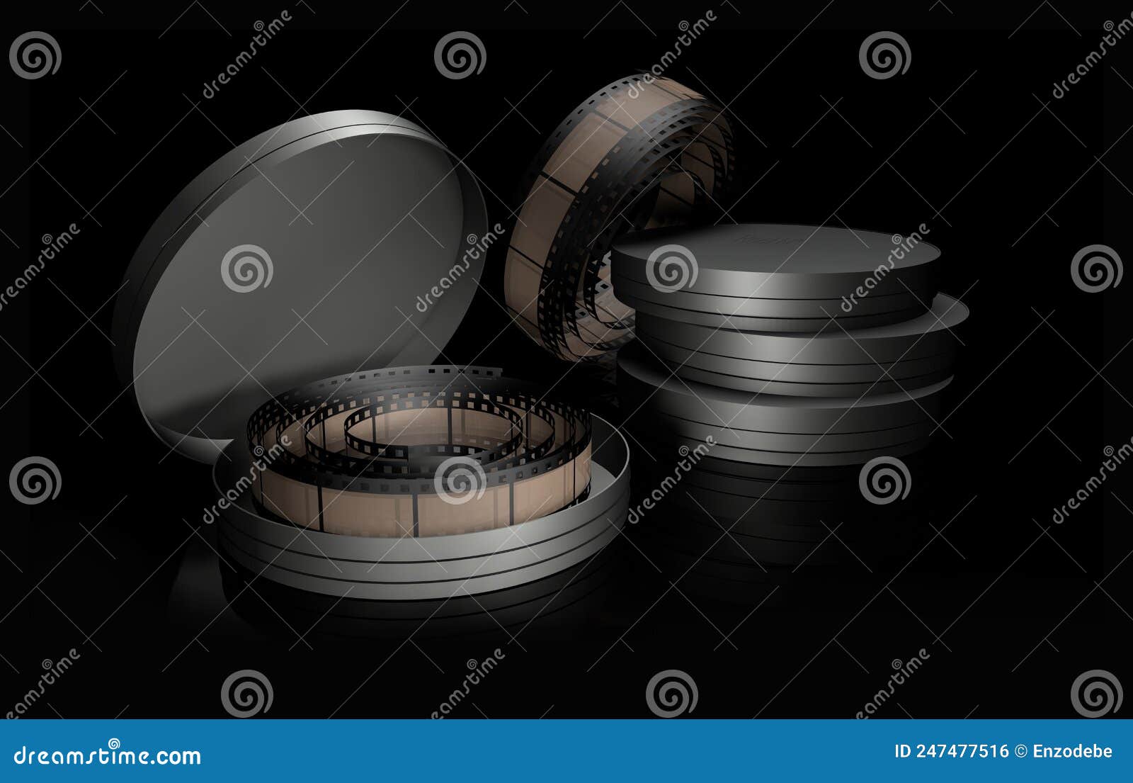 3D Render Film Reels in Containers Stock Illustration - Illustration of ...