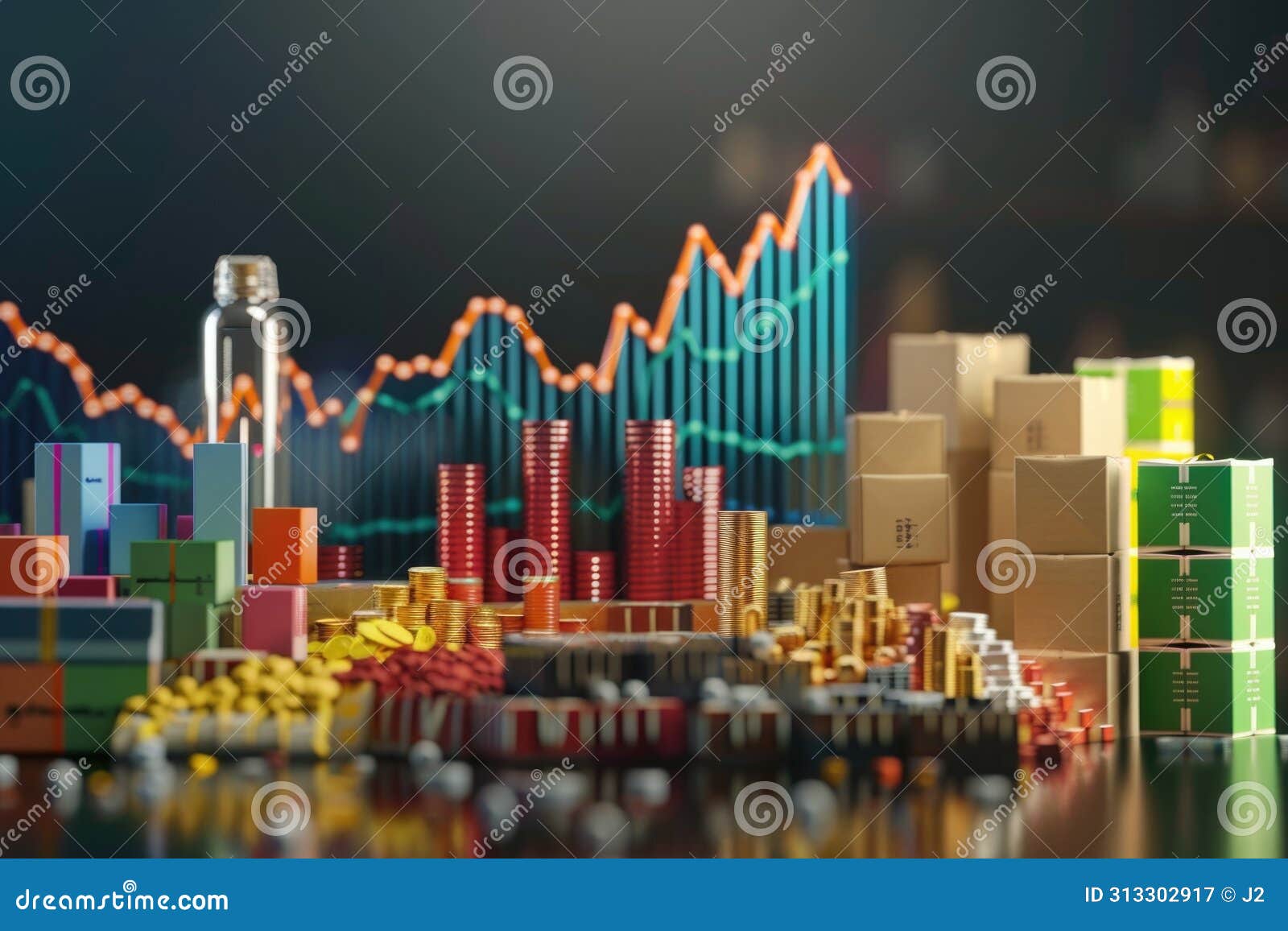3D Render of a Financial Bar Graph with Rising Columns, Coins, and ...