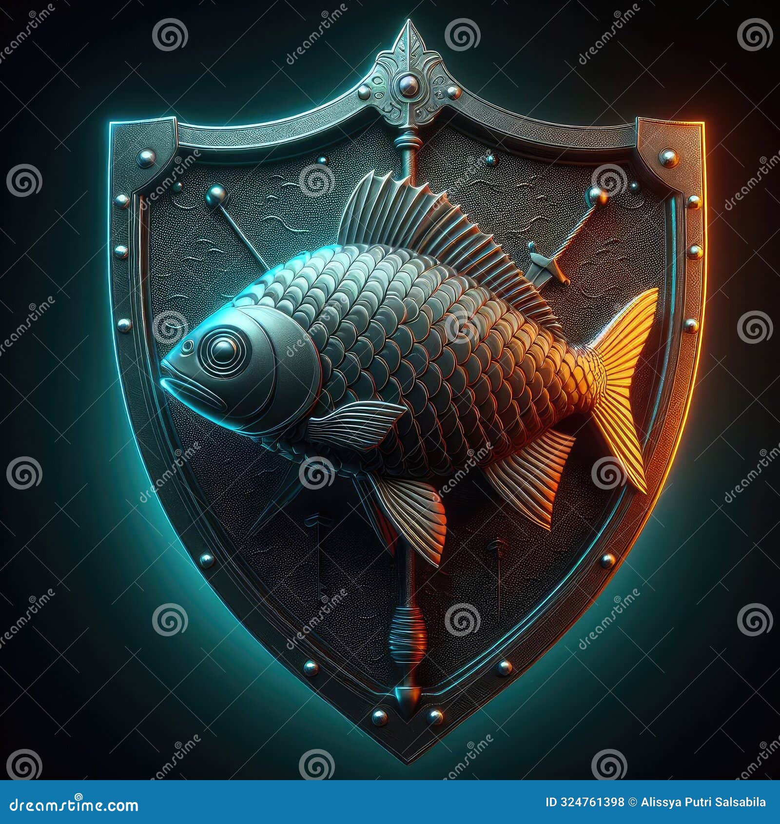 3d Render of Fish on Shield Logo Design Stock Illustration ...