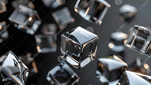 D Render: Floating Chrome Cubes on Dark Gray Background. Concept 3D ...