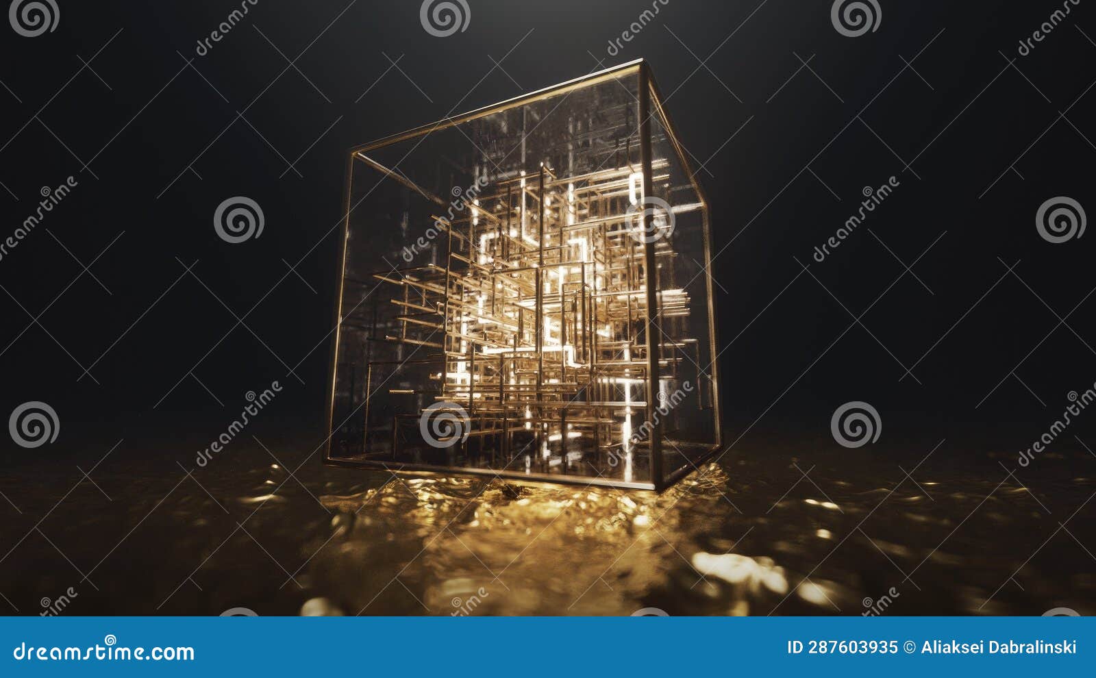 3d Render Floating Cube on Golden Water with Neon Lines Inside in the ...