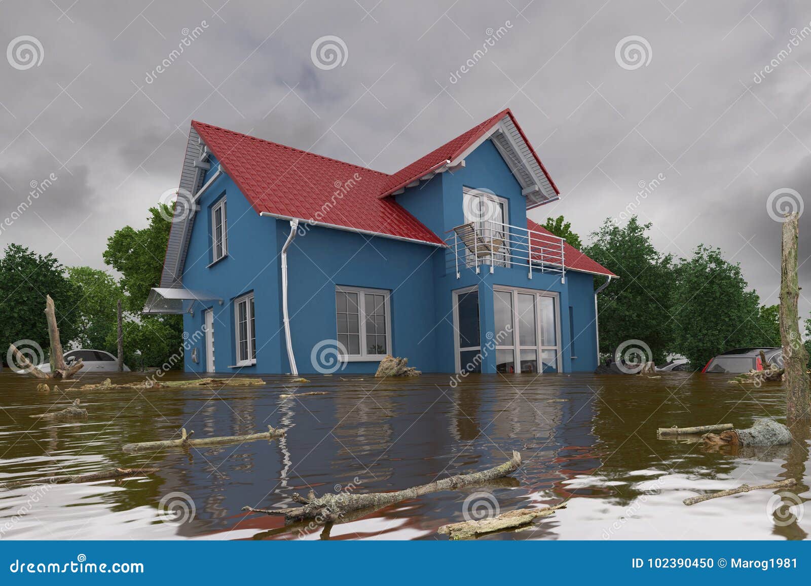 3d Render - Flooding Blue House Stock Illustration - Illustration of ...